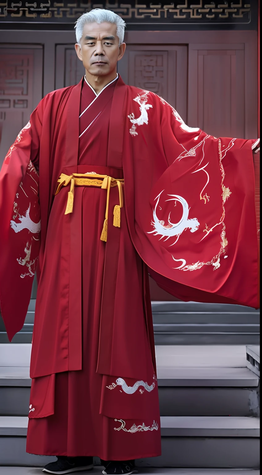 Arafed man in a red robe standing on steps with a red dragon on it - SeaArt AI