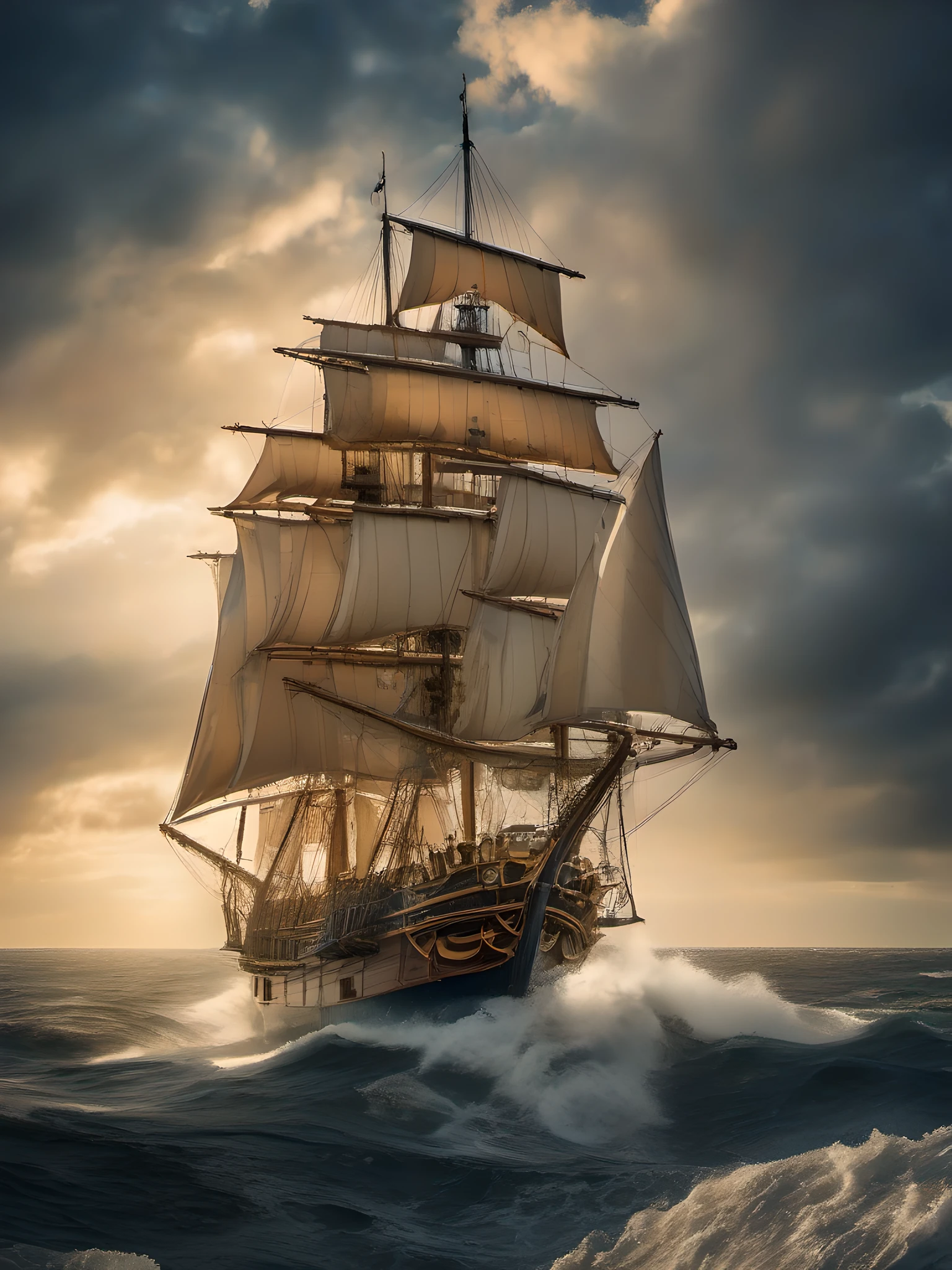 A large sailboat sailing in the ocean with a cloudy sky - SeaArt AI