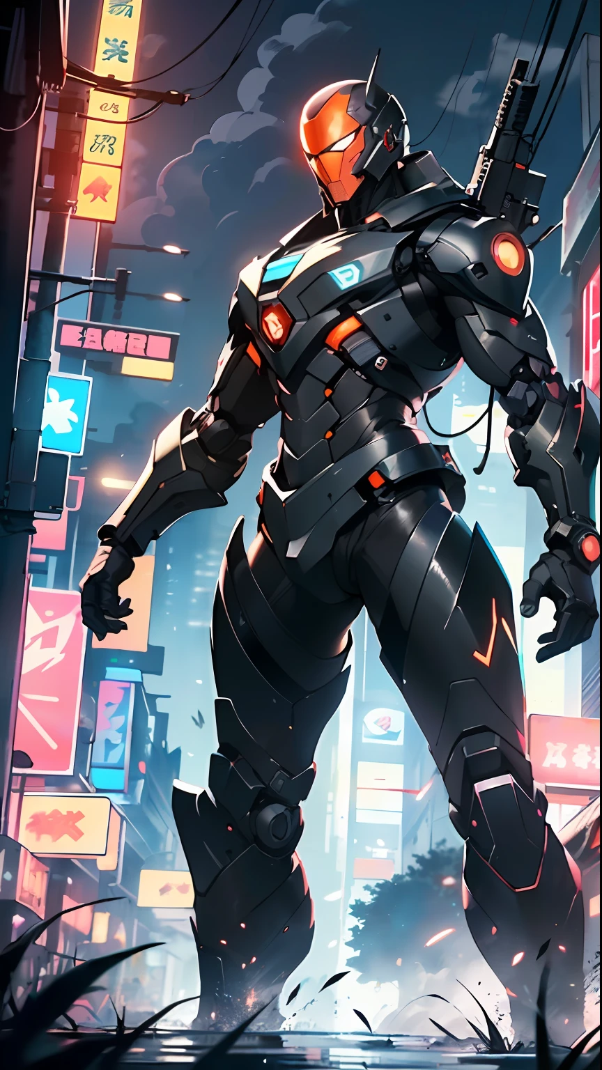 Imposing black plastic metal android robot,three meters tall and with a ...