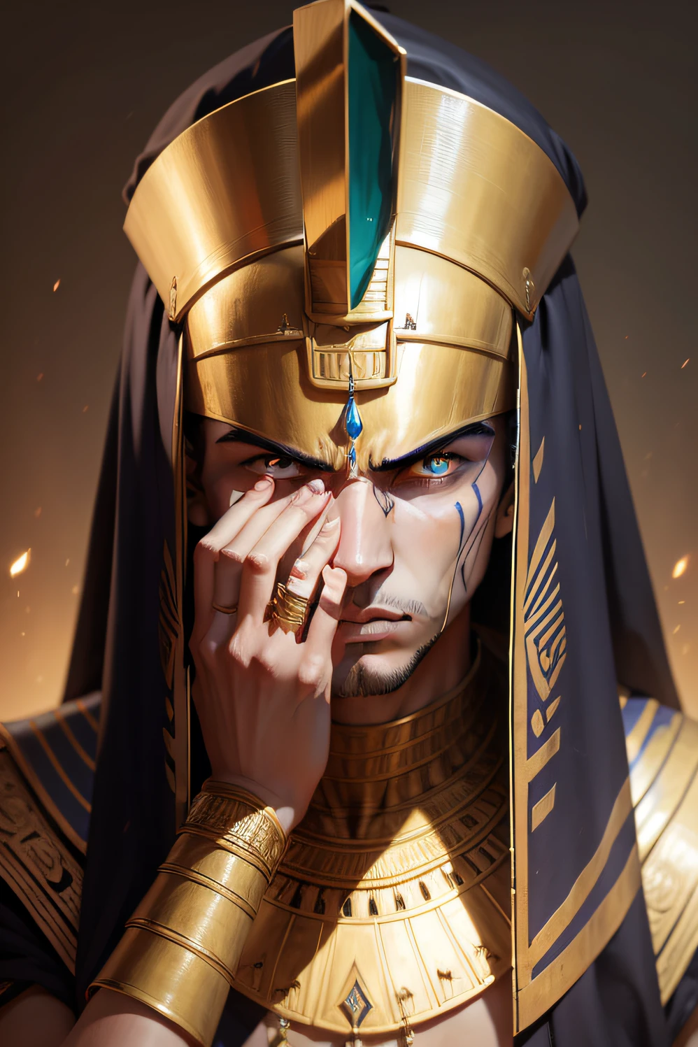 Make an art. of a Pharaoh, REALISTA, CORES ESCURAS, CLAMA DARK, FACE ...