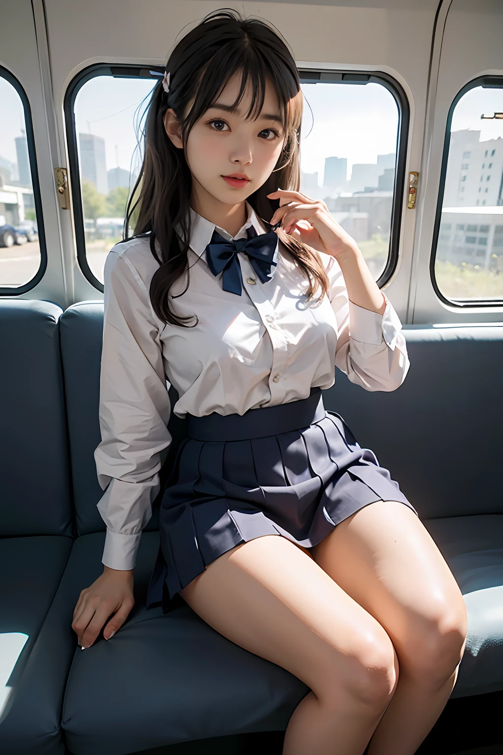 arafed asian woman in a short skirt and bow tie sitting on a train, cute schoolgirl, japanese ...