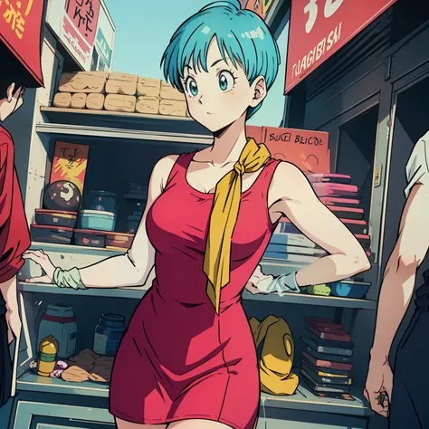 dragon ball, bulma, aqua hair, one side up, pink dress - SeaArt AI