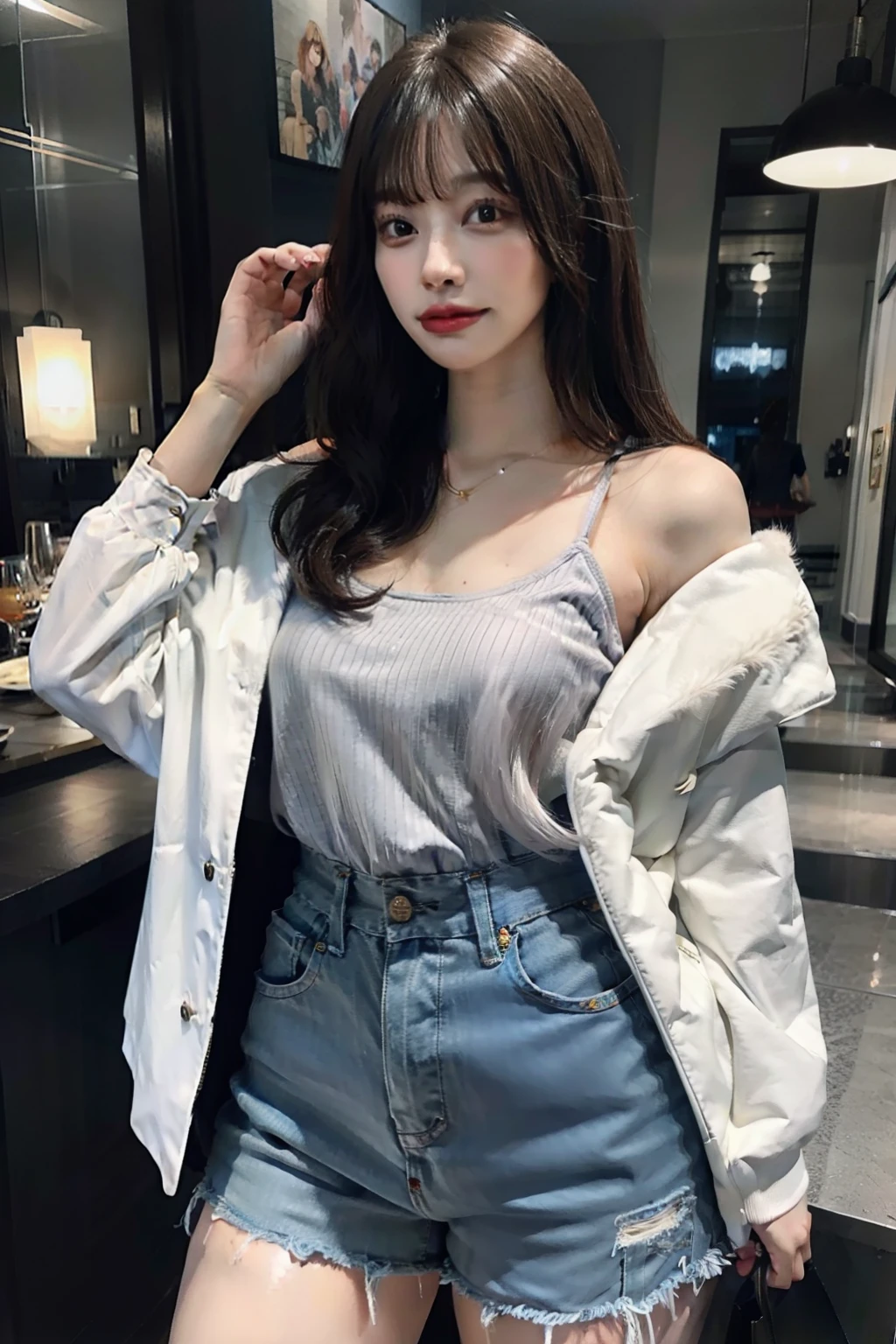 A woman in a white shirt and denim shorts posing for a picture - SeaArt AI