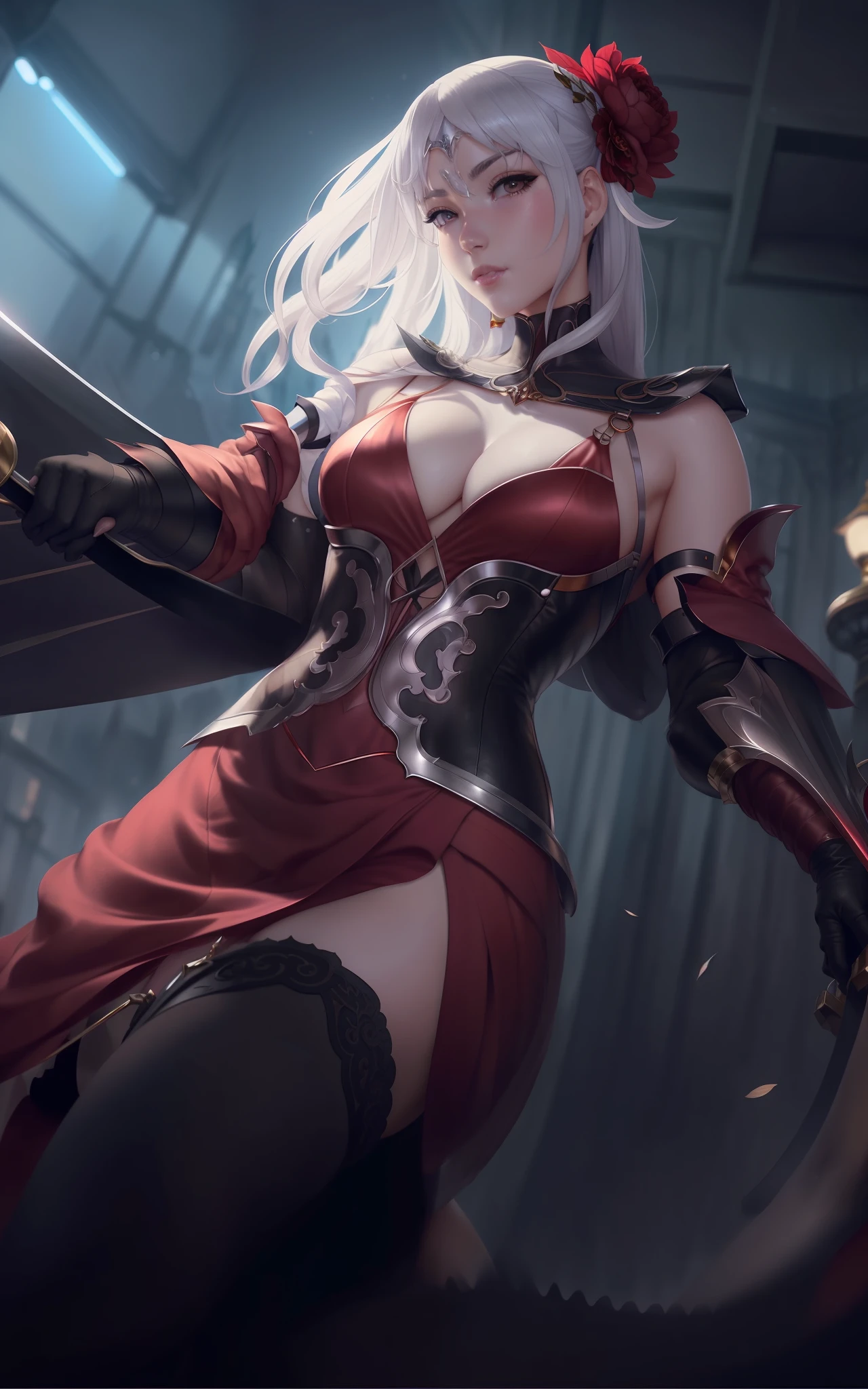 arafed woman in a red dress and black gloves holding a sword, extremely detailed artgerm, wlop ...