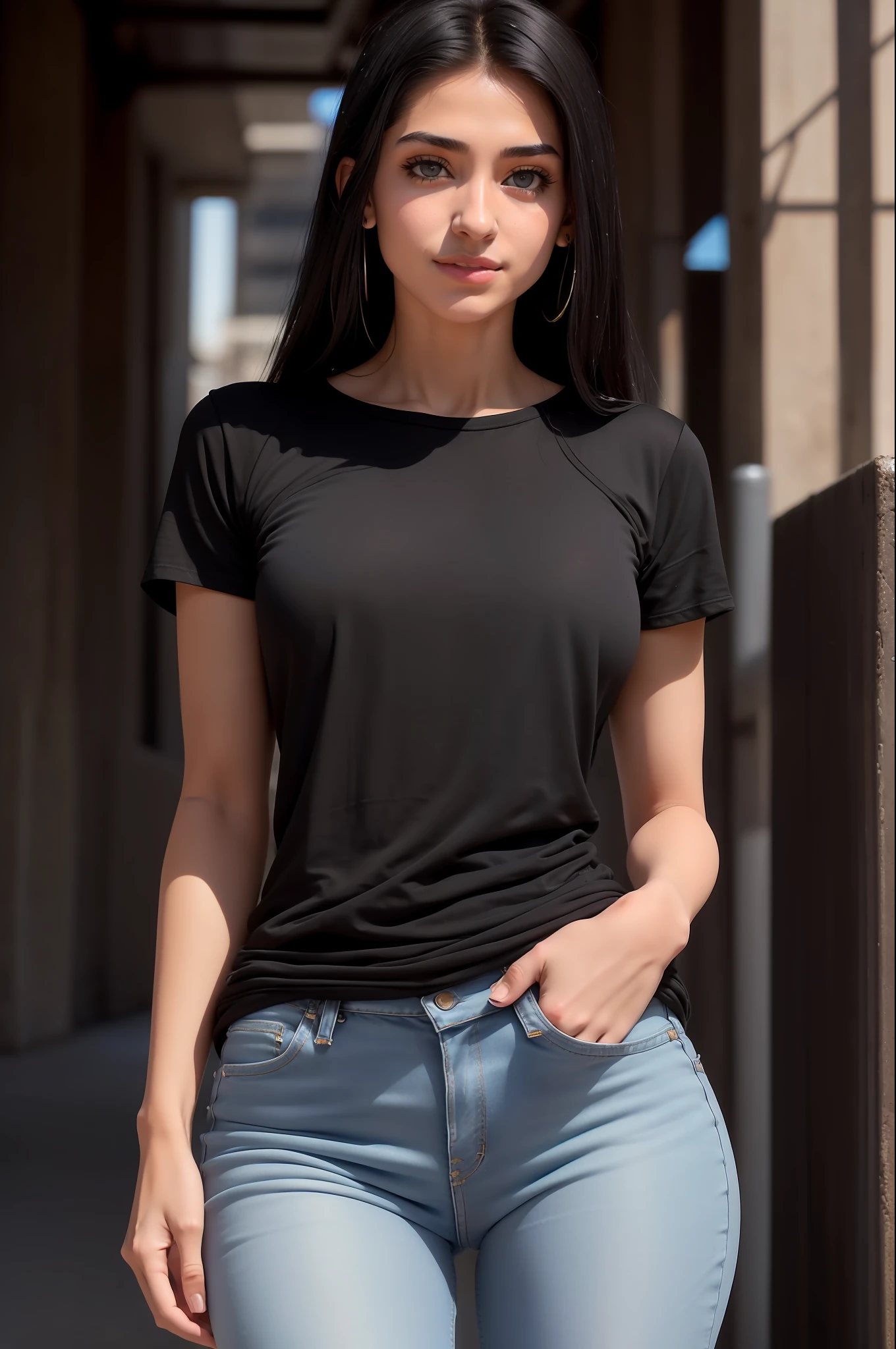 A woman in a black shirt and jeans posing for a picture - SeaArt AI