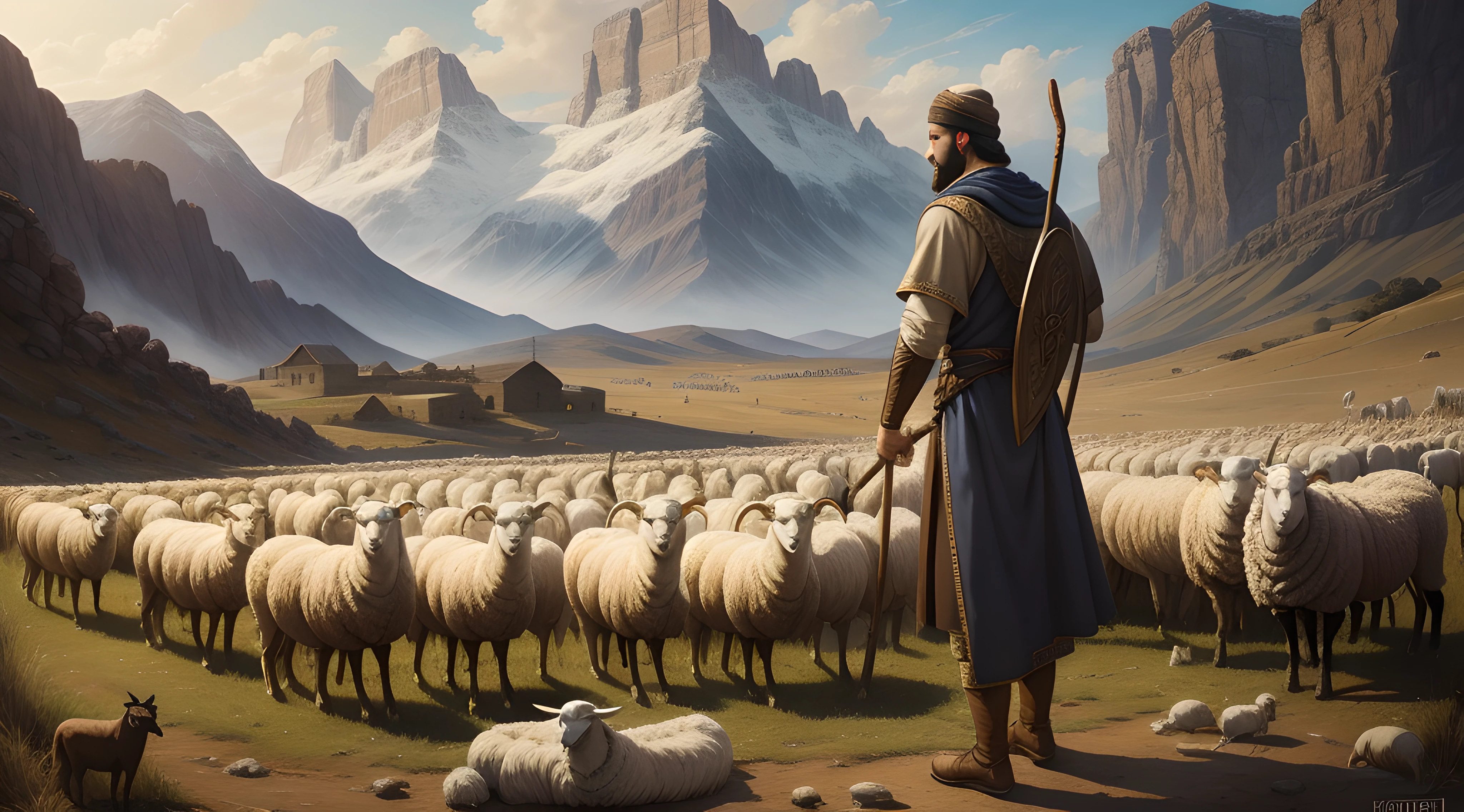 Arafed image of a man standing in a field with a herd of sheep - SeaArt AI