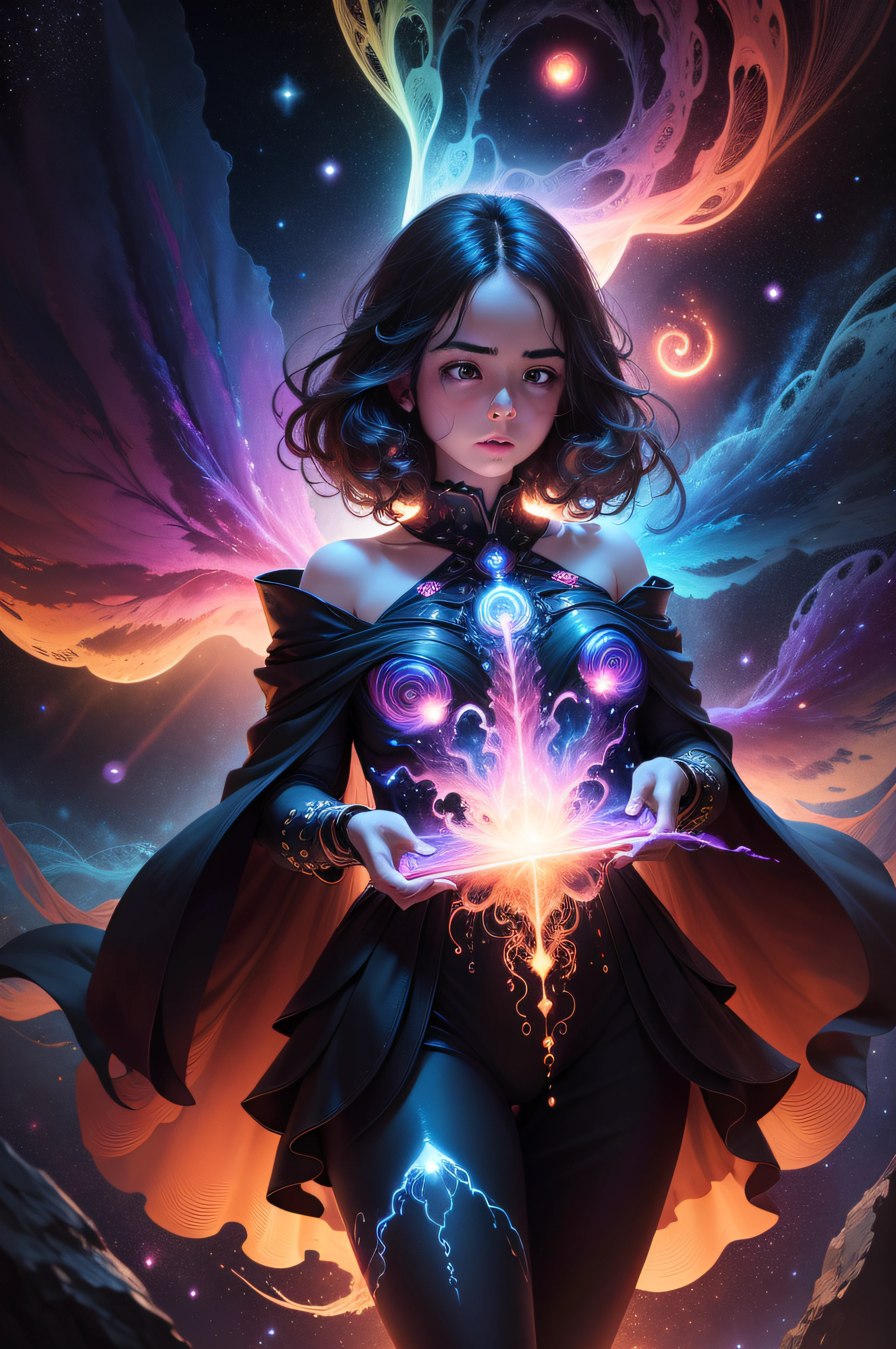 inconceivable and spectacular a scene of emergence of a figure from the glowing cloud, fractal ...