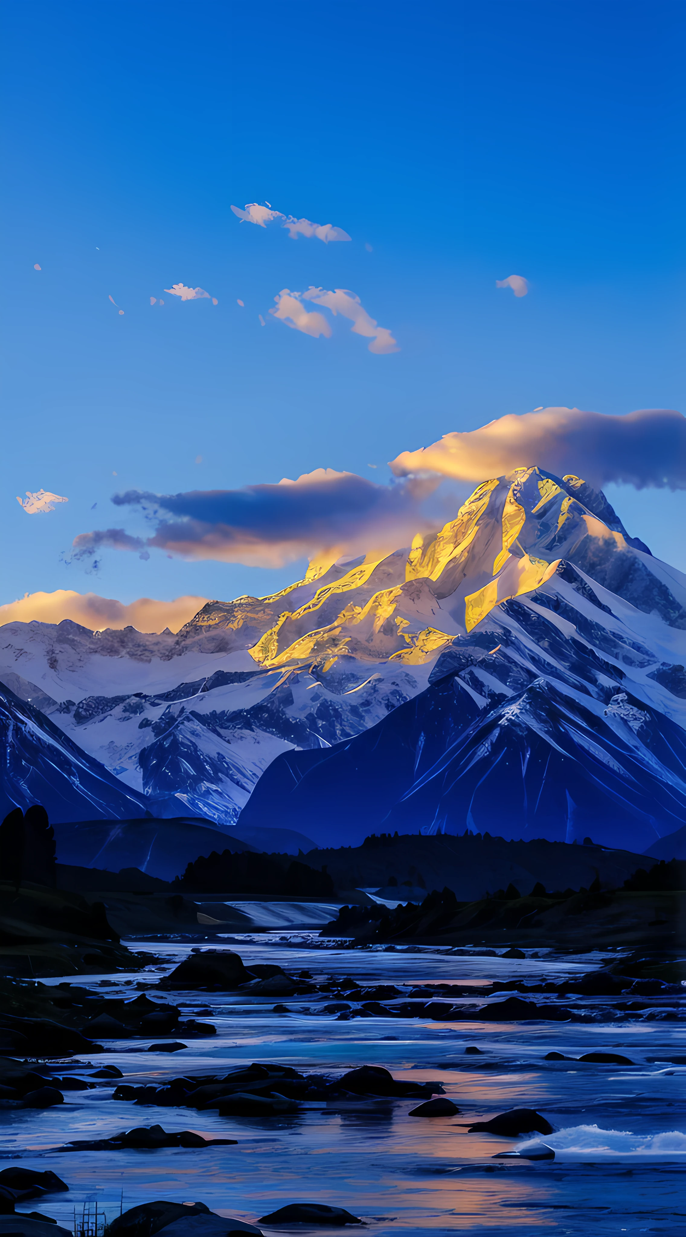 The mountains are covered in snow，The foreground is a river, beautiful ...