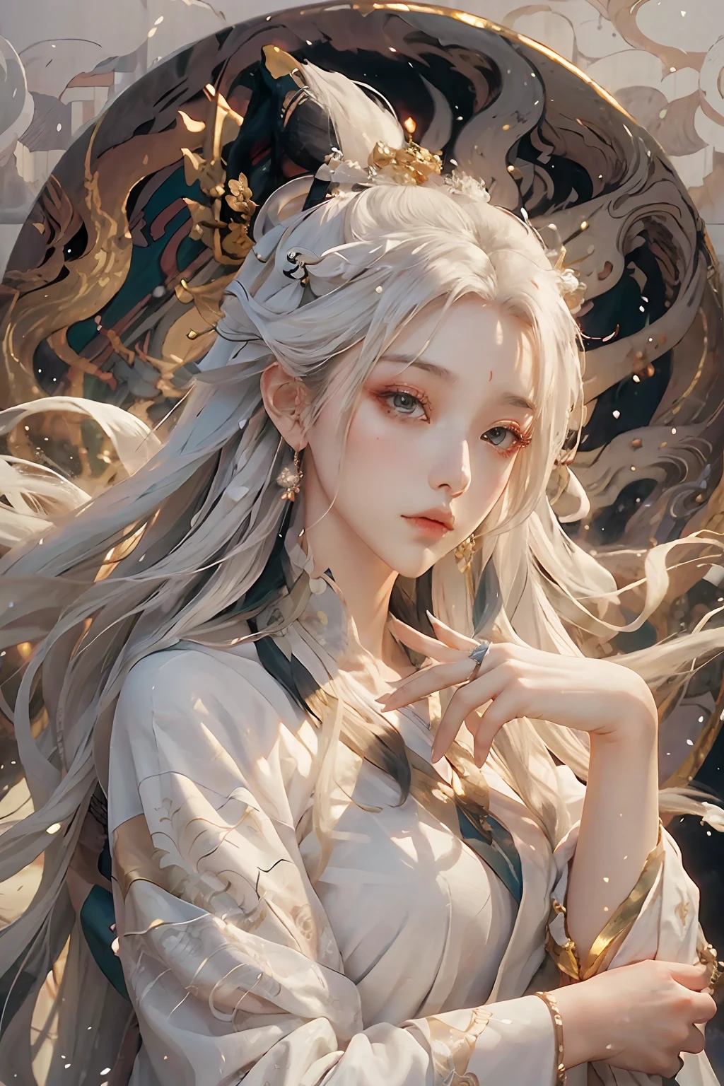 一个长发和白色连衣裙的女人的特写, 白发神, 美丽的人物画, - SeaArt AI