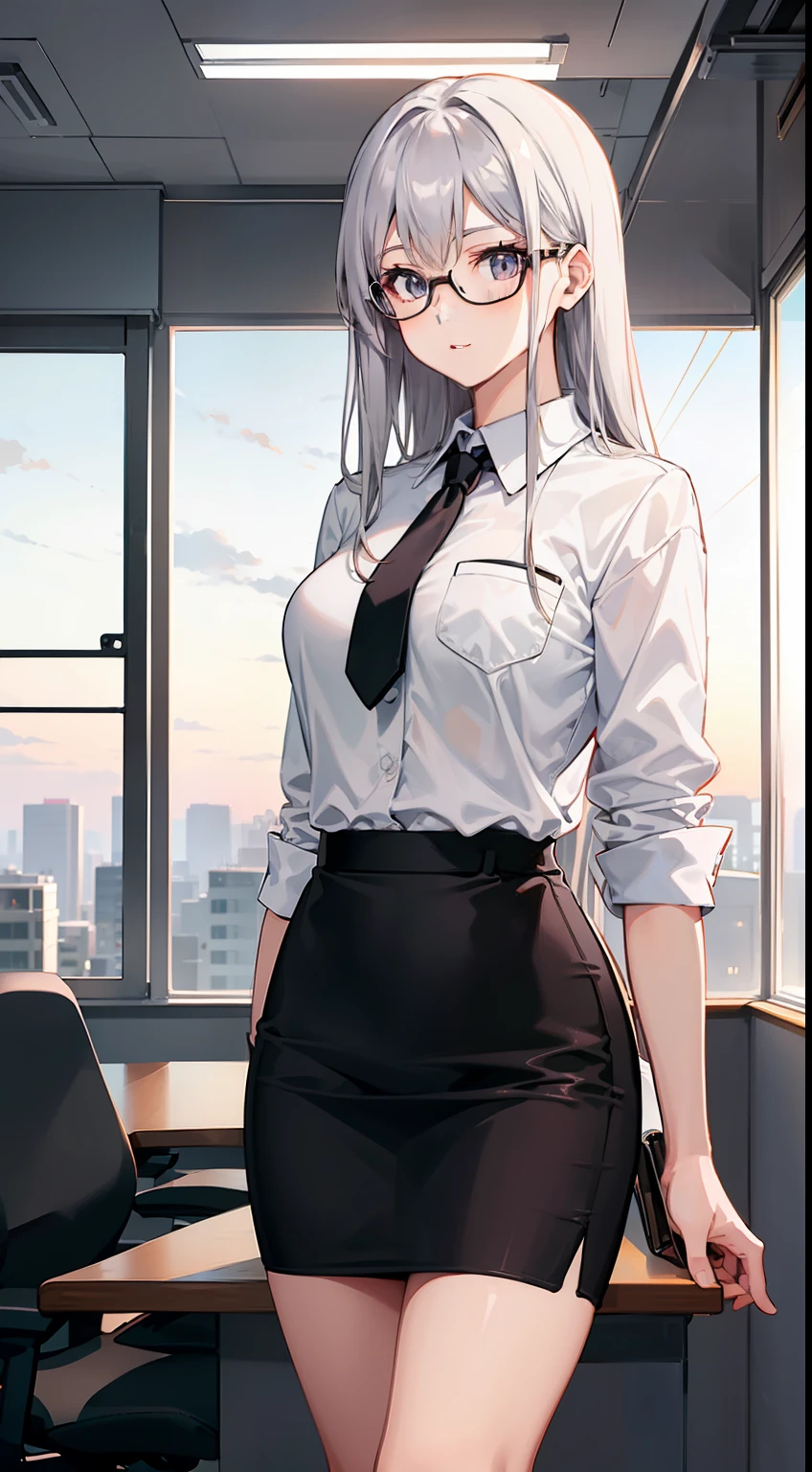 sunset, office, 1 girl, glasses, white shirt - SeaArt AI