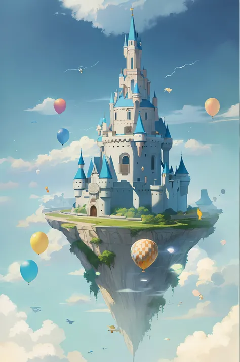 Castle in the sky，Balloons fly on it, flying cloud castle, an immense ...