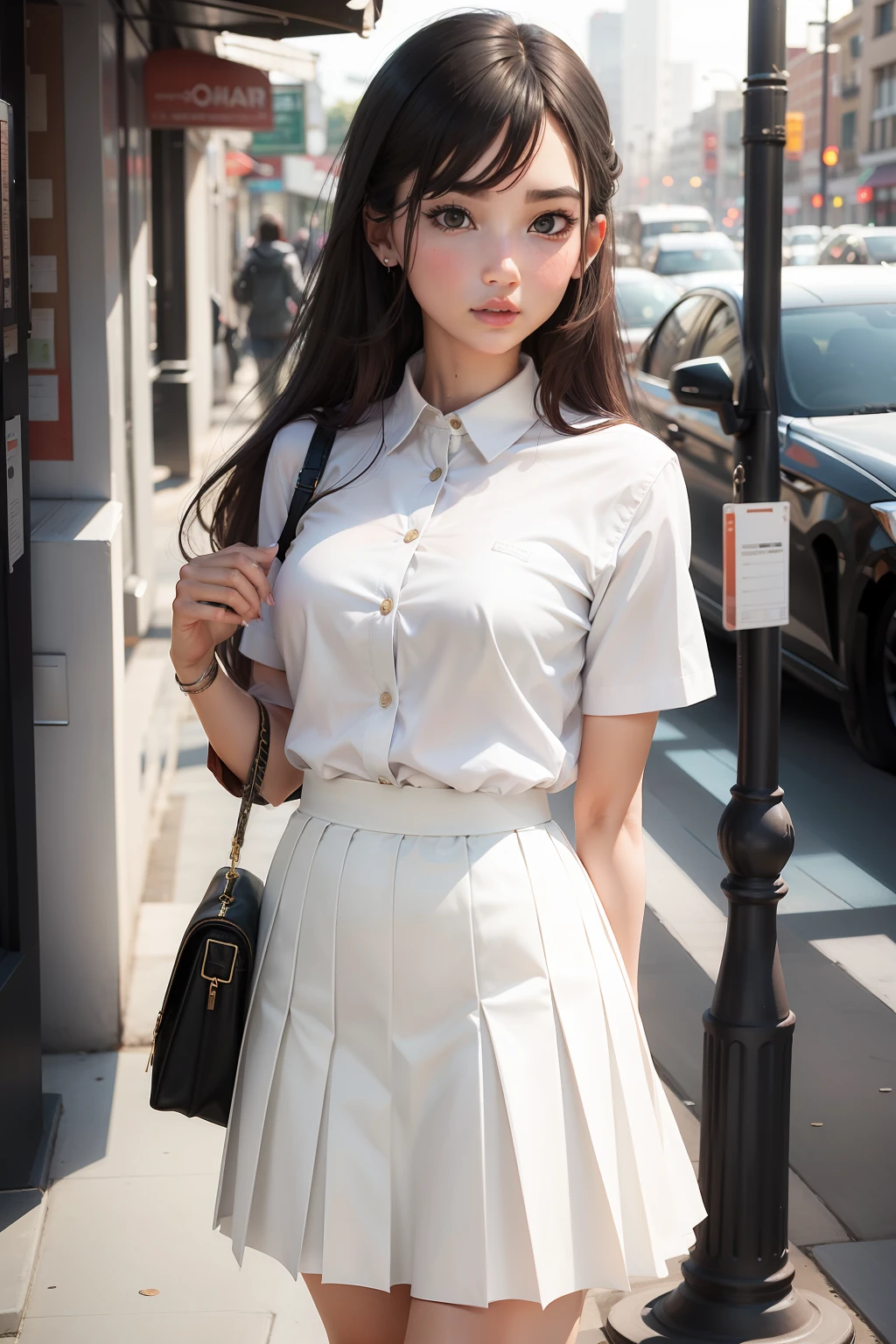 Araffe asian woman in a white shirt and skirt posing for a picture - SeaArt AI
