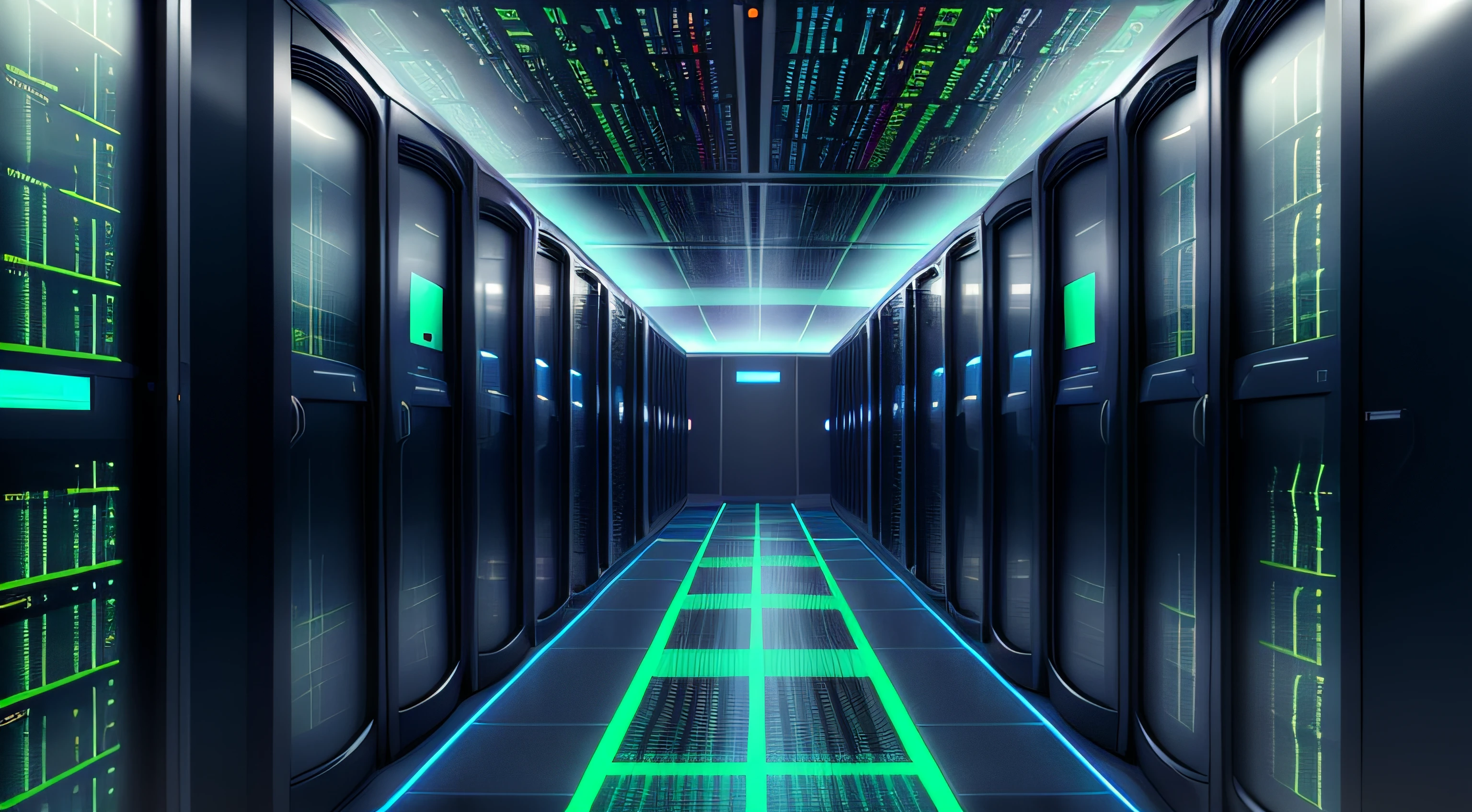 a dimly lit hallway with rows of data and computer screens, background ...