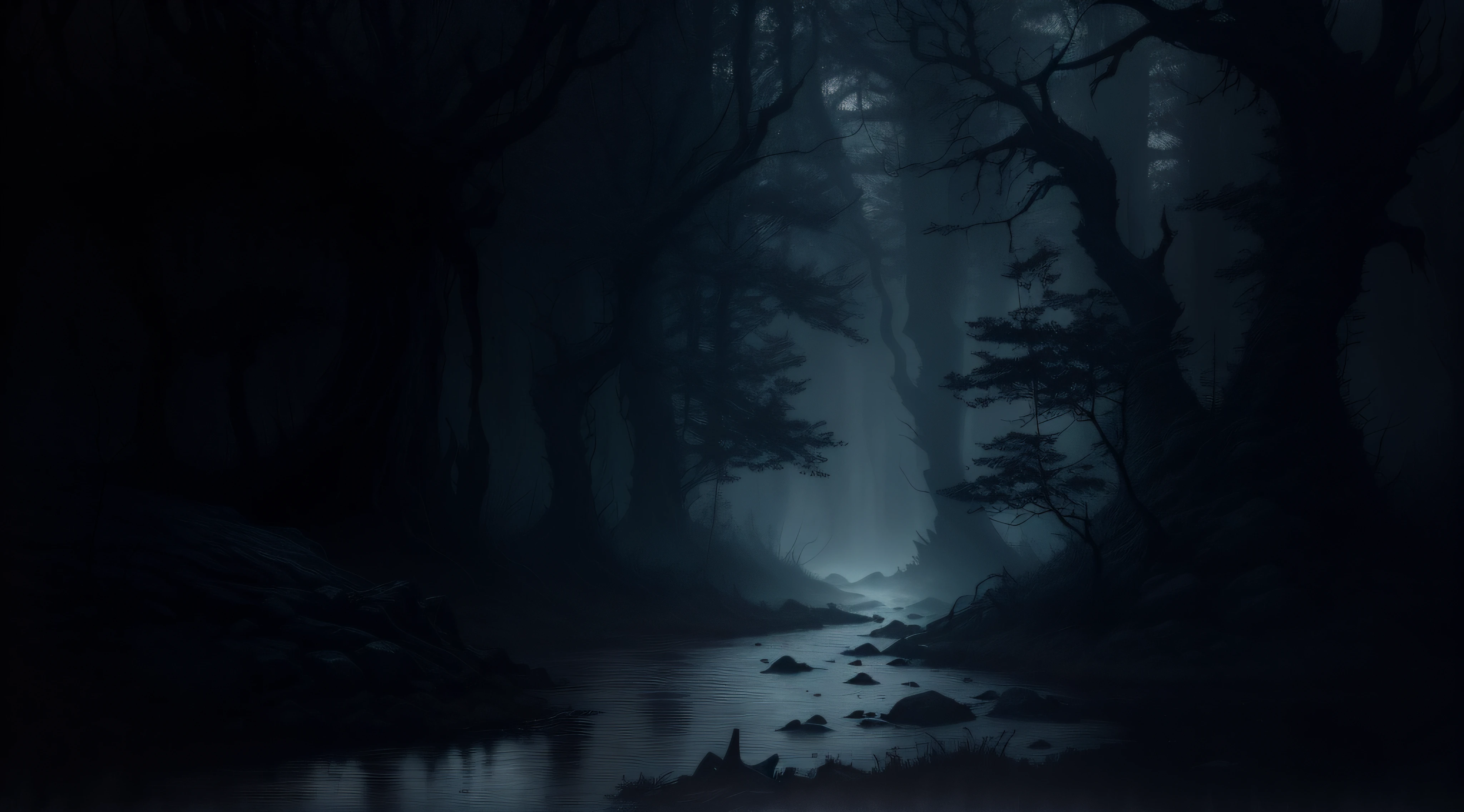 il y a une forêt sombre traversée par un ruisseau d'eau, Environnement ...