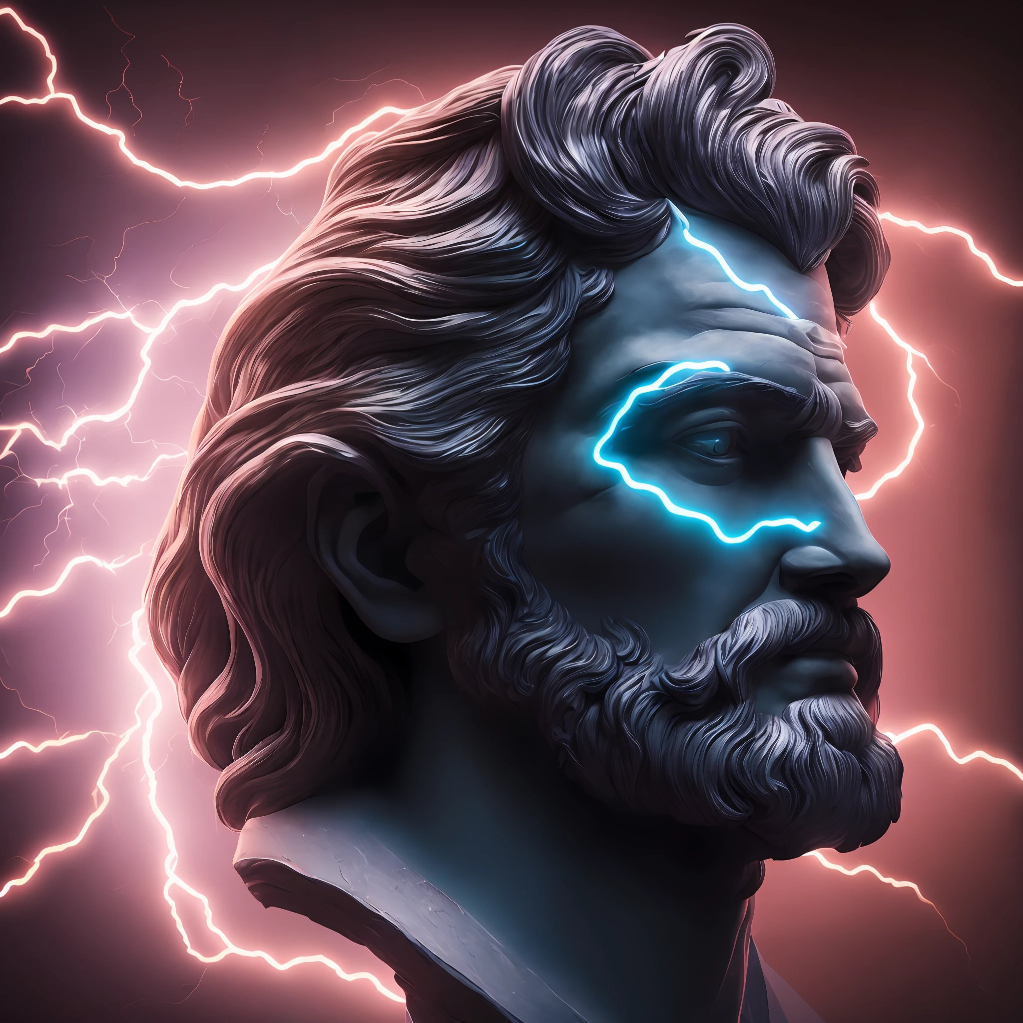 (neon lightning around the head:1.1), monument, (close-up of the head ...