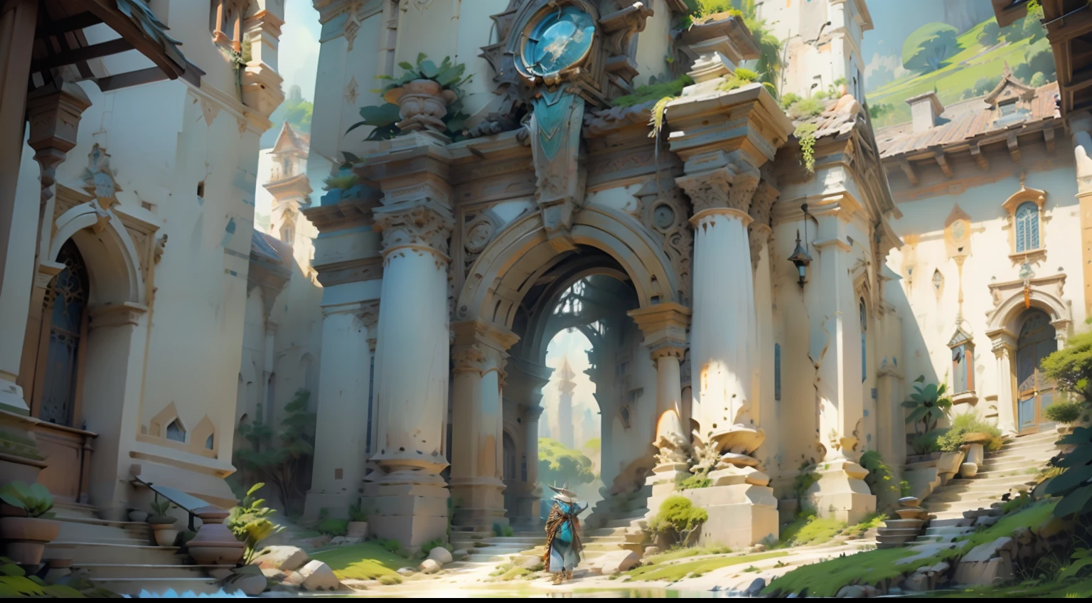 There is a painting of a building with a clock on it - SeaArt AI