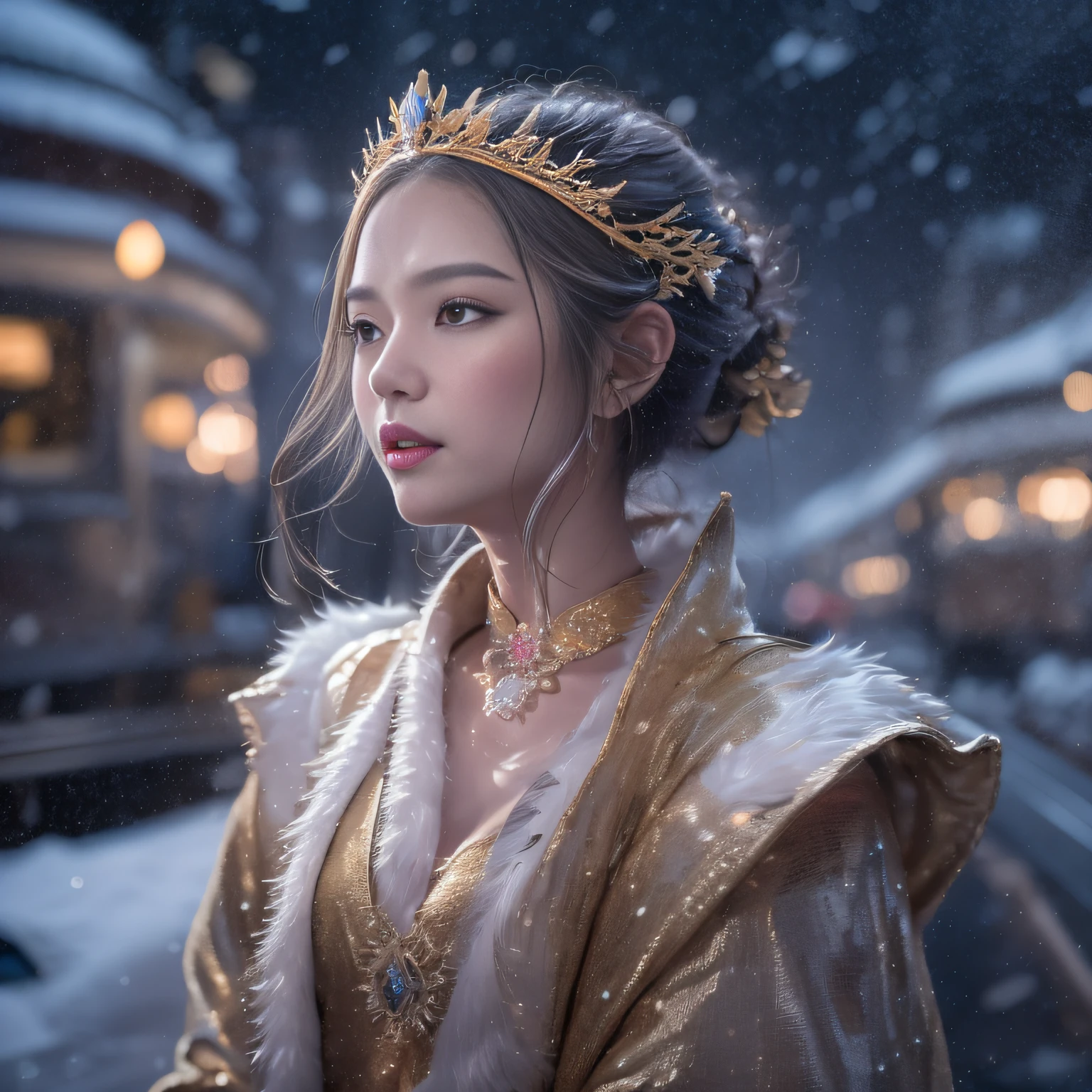 A close up of a woman in a gold dress and a crown - SeaArt AI