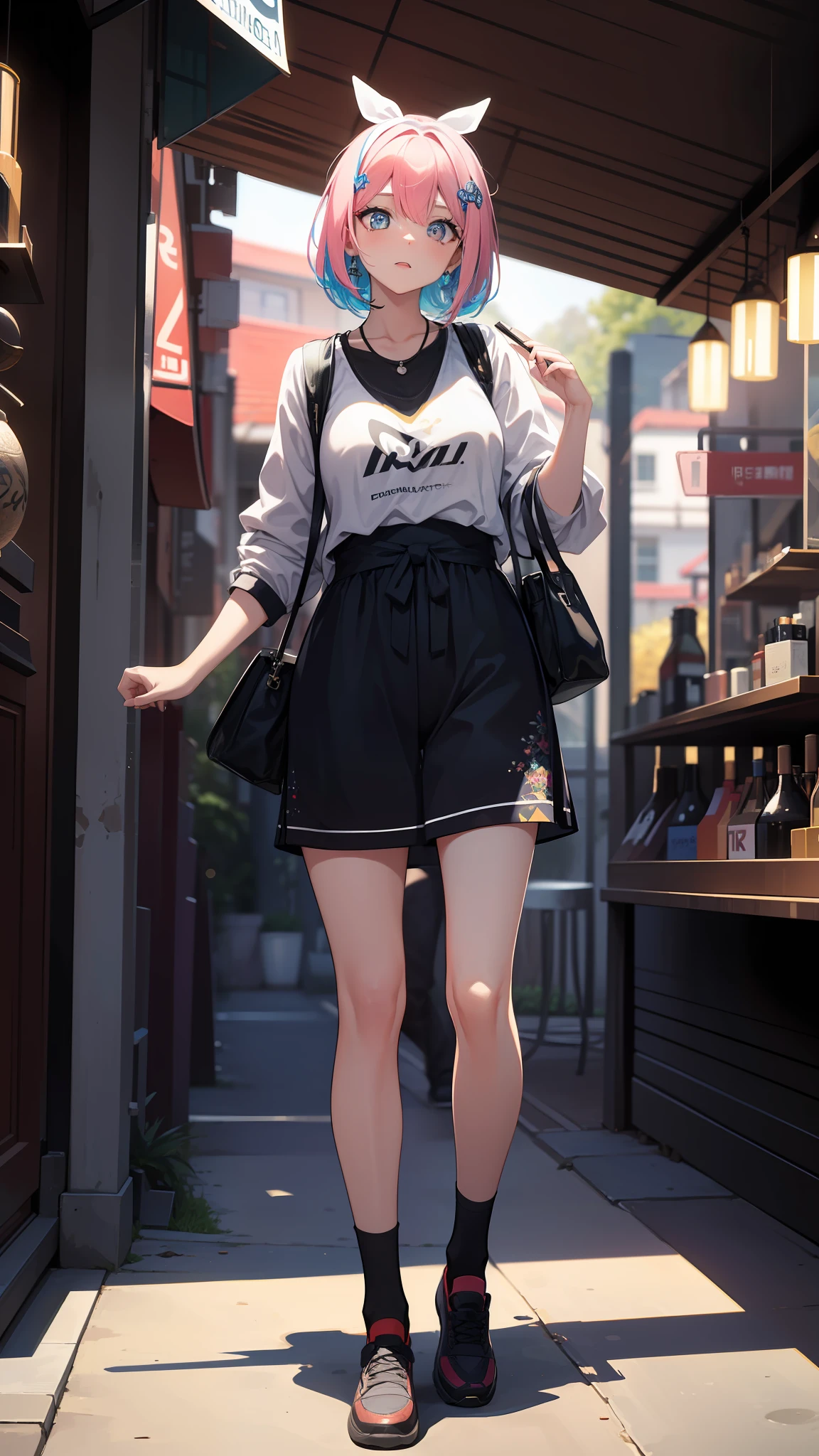 Arafed girl with pink hair and a cat ears walking down a sidewalk - SeaArt AI