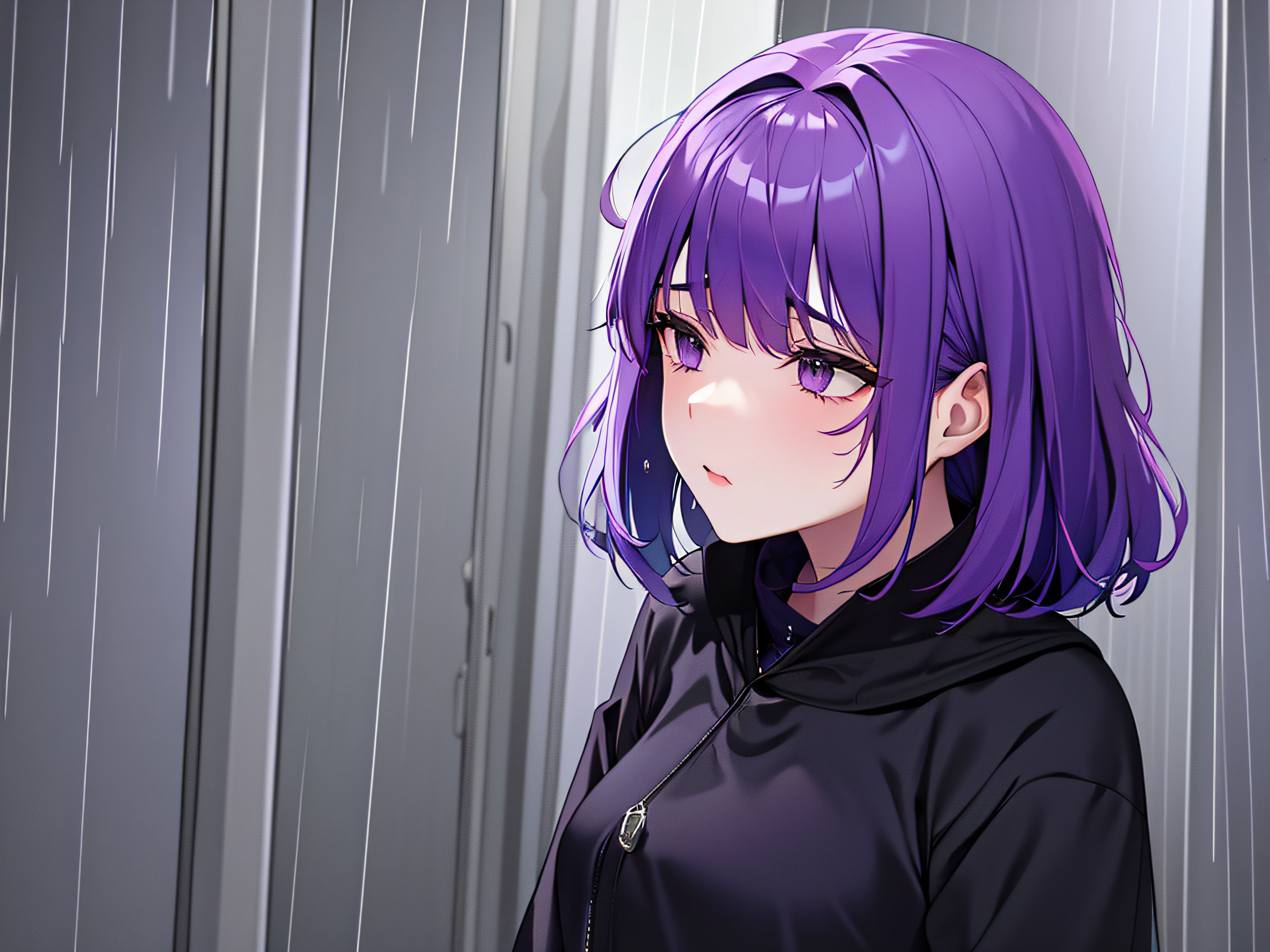 Anime girl with purple hair and purple eyes standing in front of a wall ...