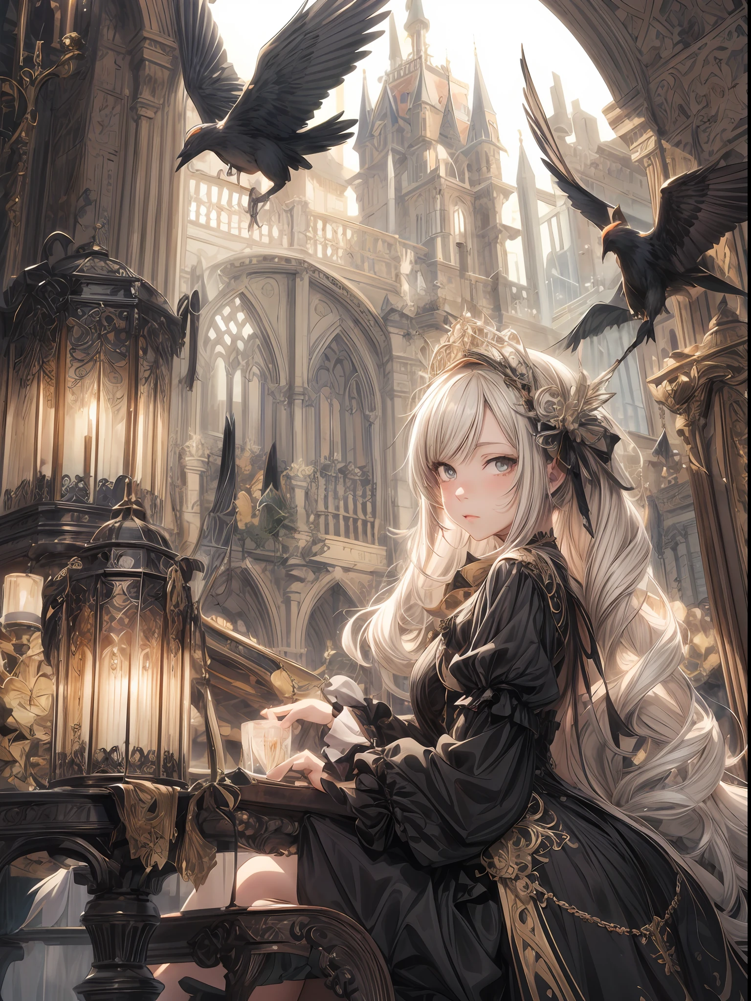 Una mujer vestida de negro sentada en un banco con un pájaro volando sobre sus cabezas - SeaArt AI