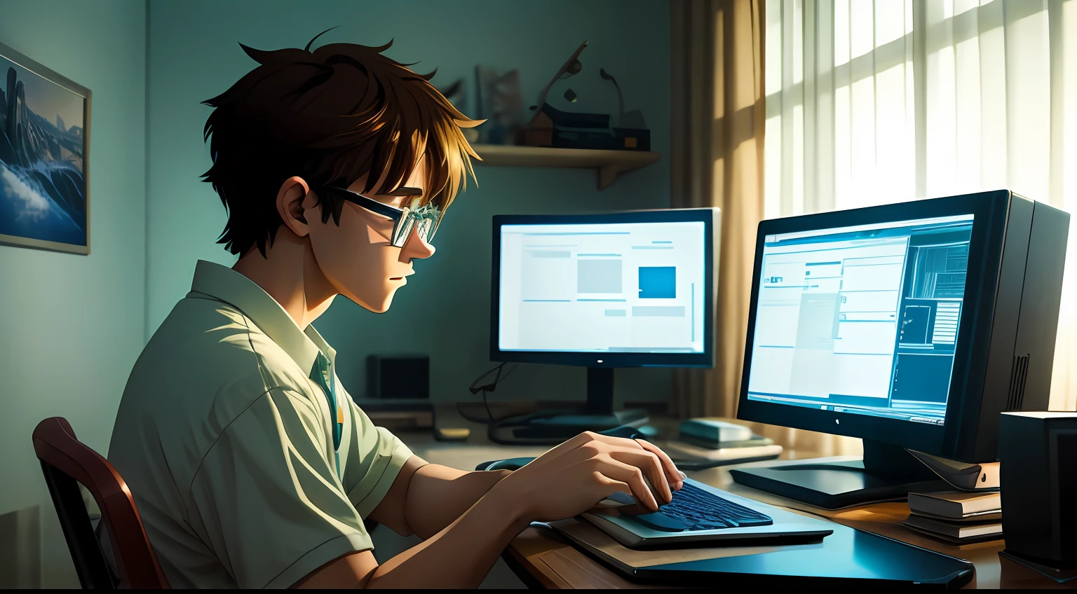 A nerdy 20-year-old man is programming on a computer in a room full of ...