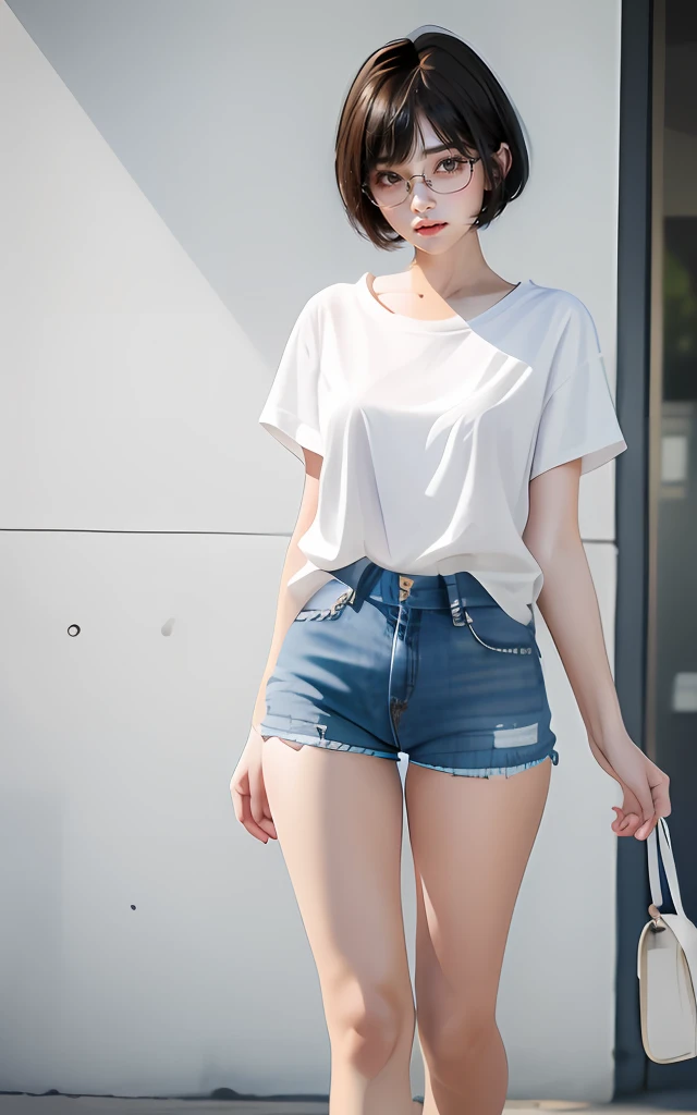 Araffed woman in white shirt and denim shorts walking down a sidewalk - SeaArt AI