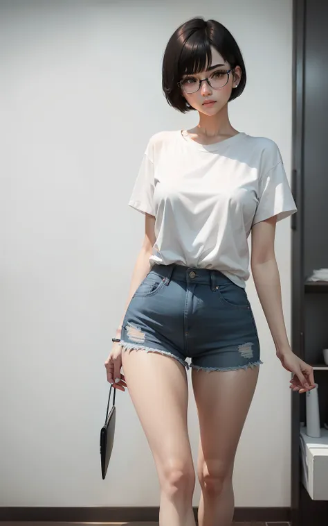 black sock，eye glass，with short black hair，slanted bangs，eye glass，Beautuful Women，white shirt ...