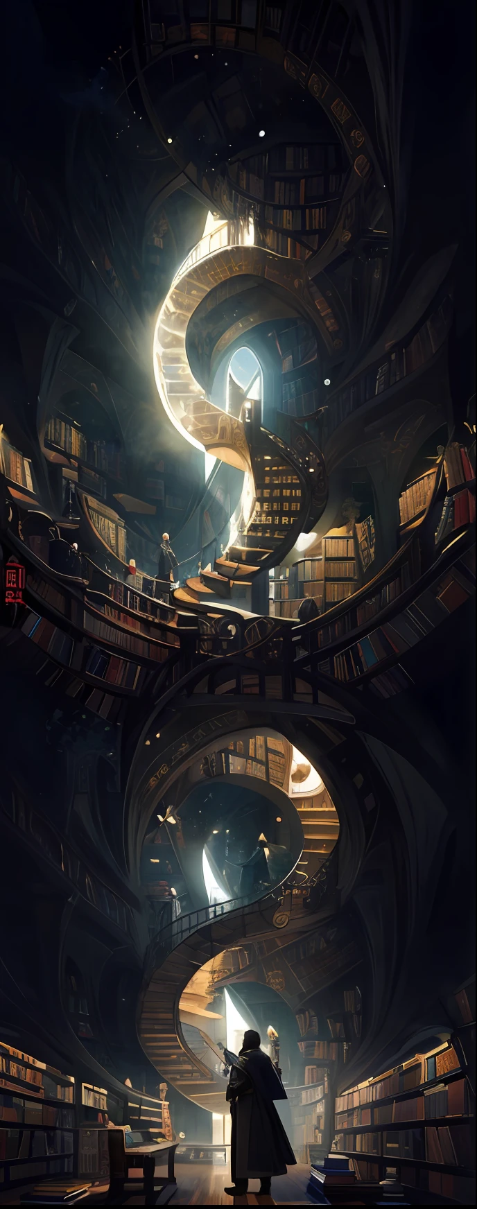 A man stands in the image of Alphad in the library，Endless books around ...