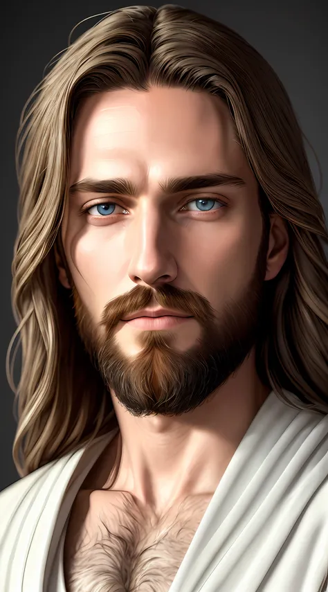 Realistic image of Jesus Christ, with cloak on his head, serene look, with beard and mustache ...