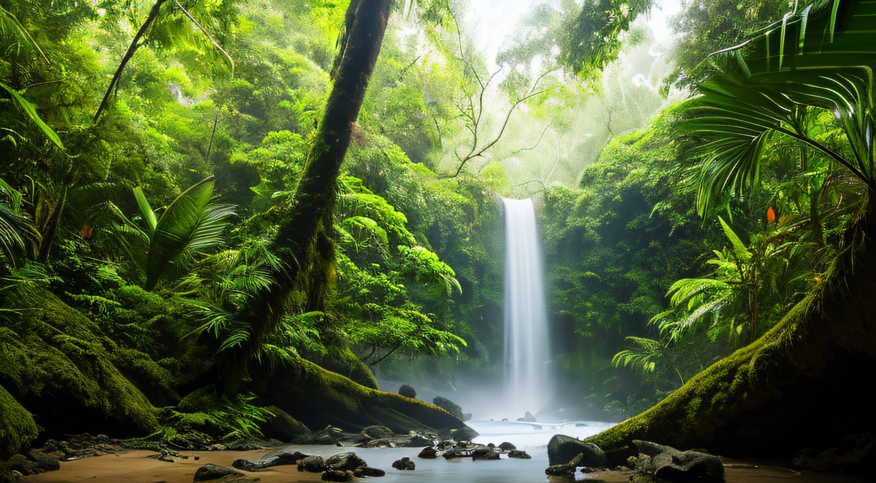 Una cascada cristalina fluye sobre rocas cubiertas de musgo en lo ...