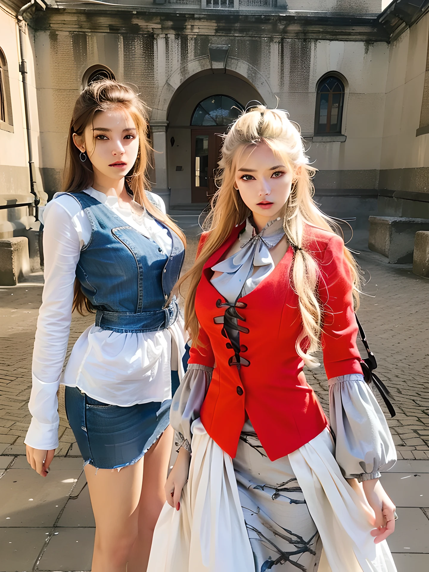 Two women dressed in costumes standing in front of a building - SeaArt AI