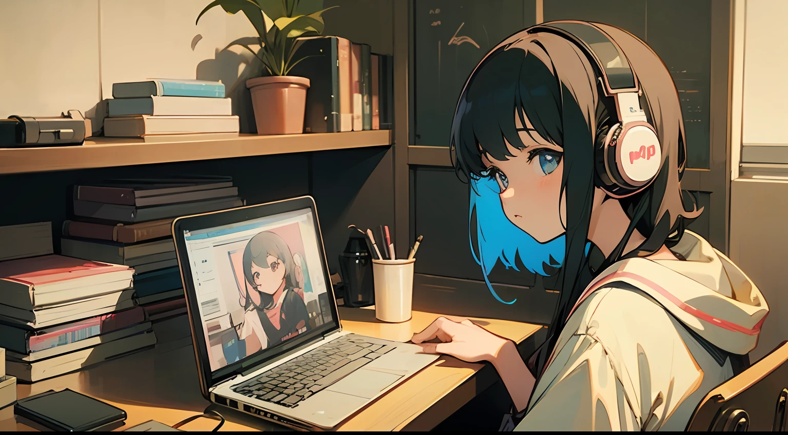 Schools、Anime girl with headphones sitting on laptop table, lofi-girl ...