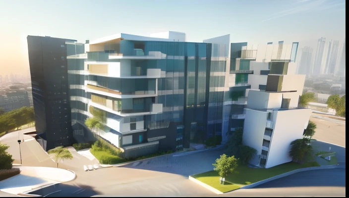 rendering of a building with many windows and many trees, architectural ...