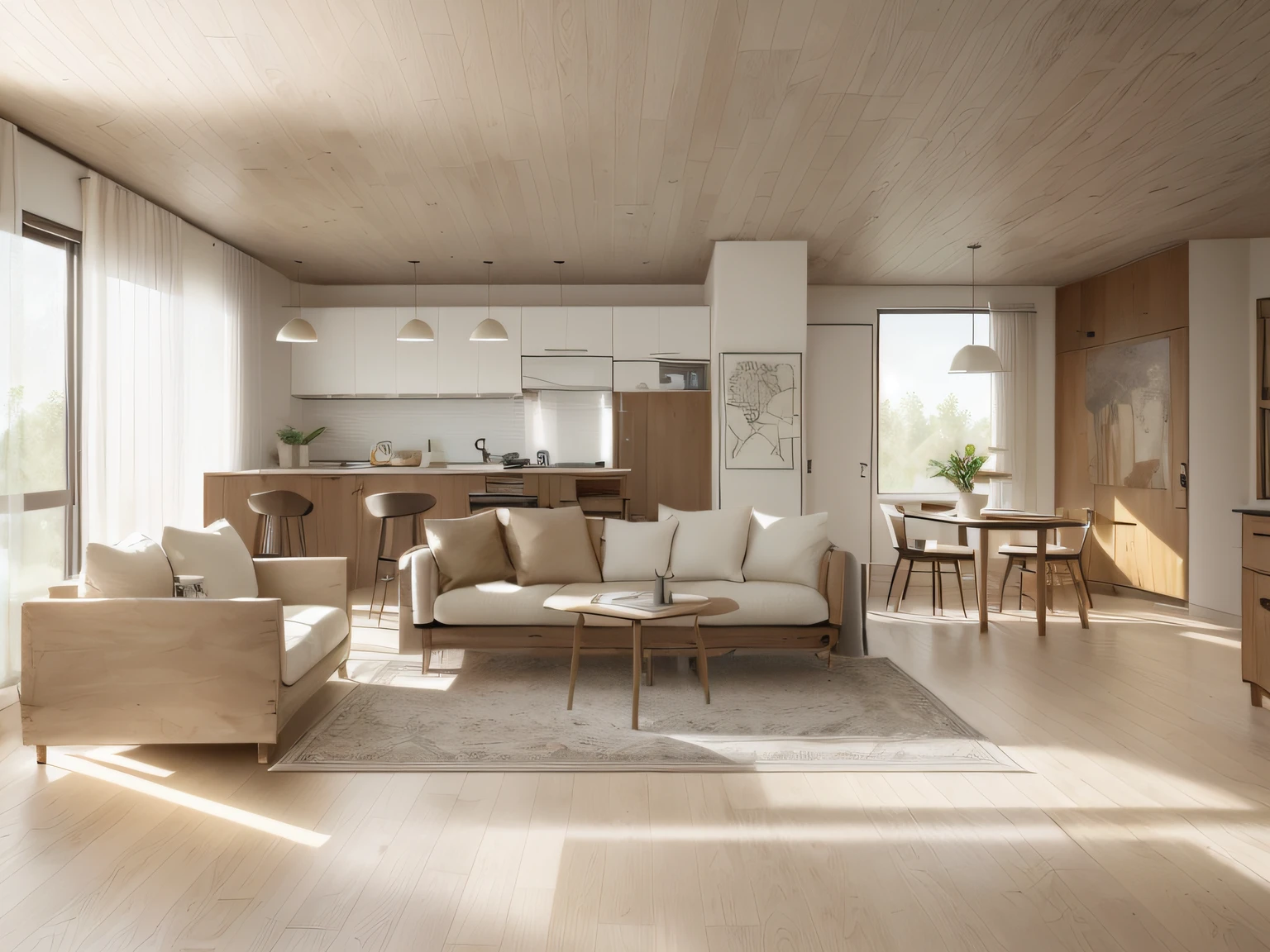 there is a living room with a couch, chairs, and a table, archviz, realistic physical rendering ...