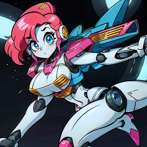 a cartoon picture of a sexy robot lady with blue hair and wings, valkyrie mecha, oc commission ...