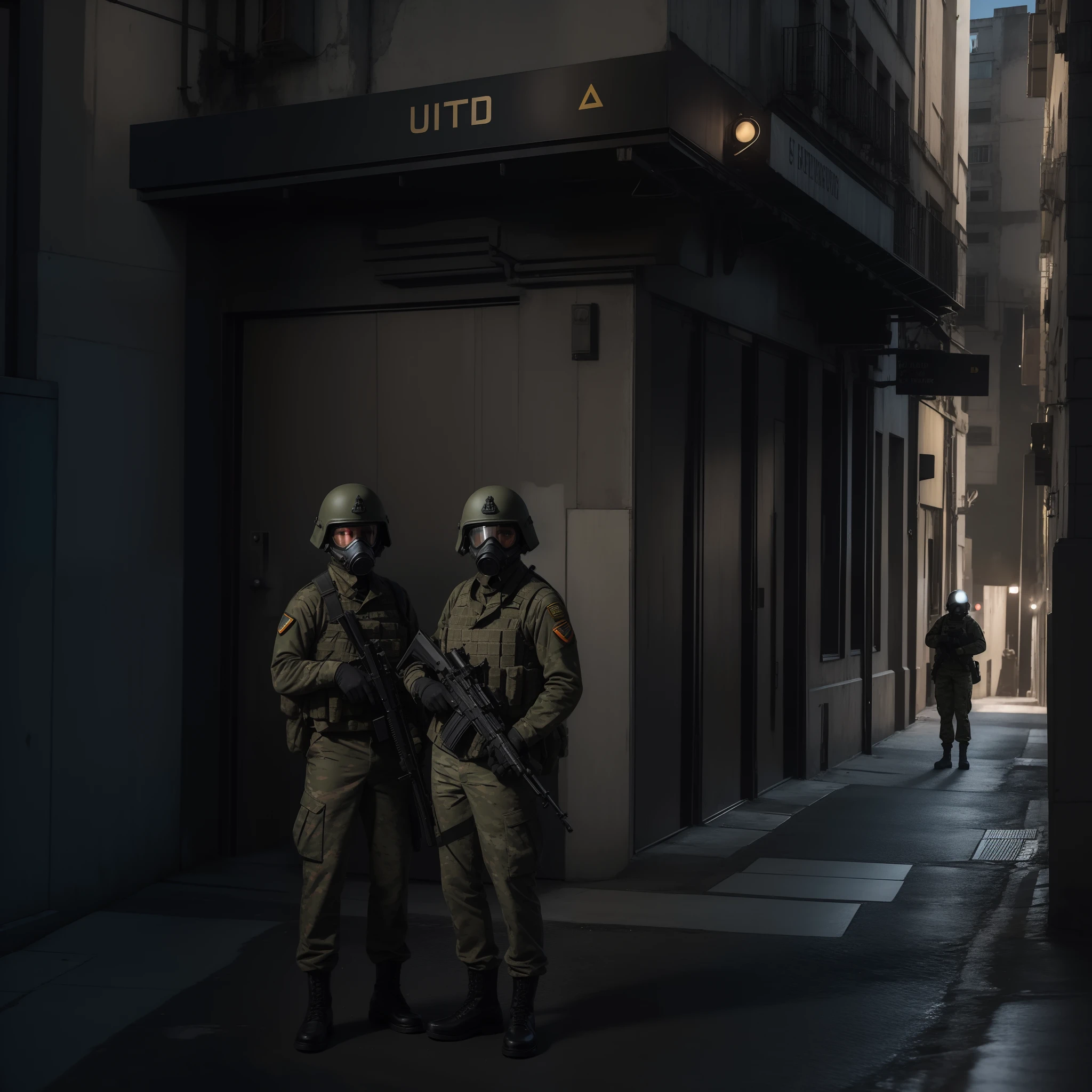 Soldiers in full gear stand in a narrow alley in a city - SeaArt AI