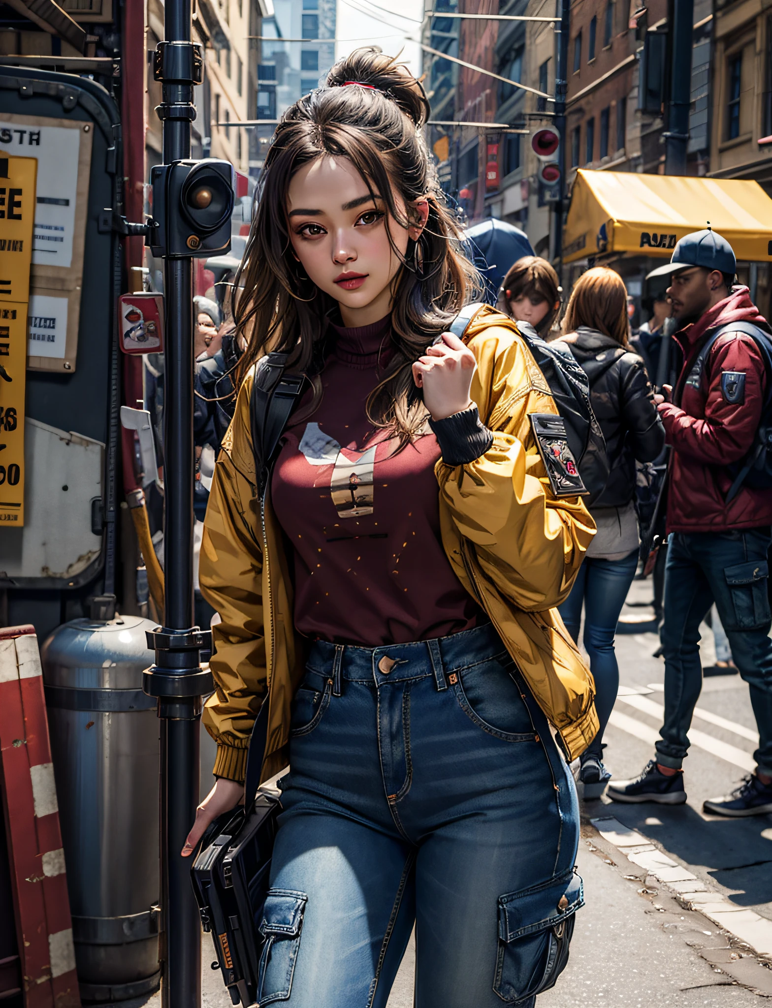 Araffe woman in a yellow jacket and jeans walking down a street - SeaArt AI