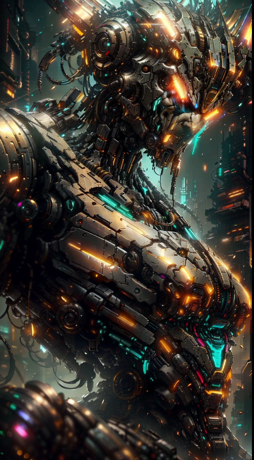 A close up of a robot with glowing lights on it's face - SeaArt AI