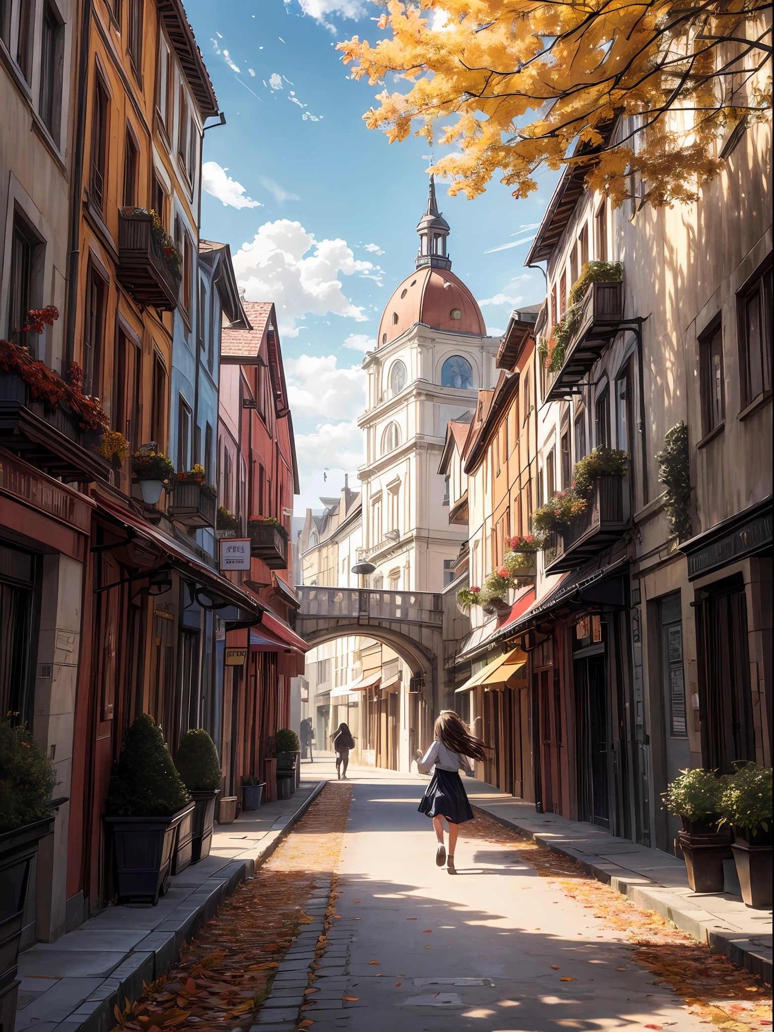 Arafed view of a woman walking down a narrow street with a clock tower in the background - SeaArt AI