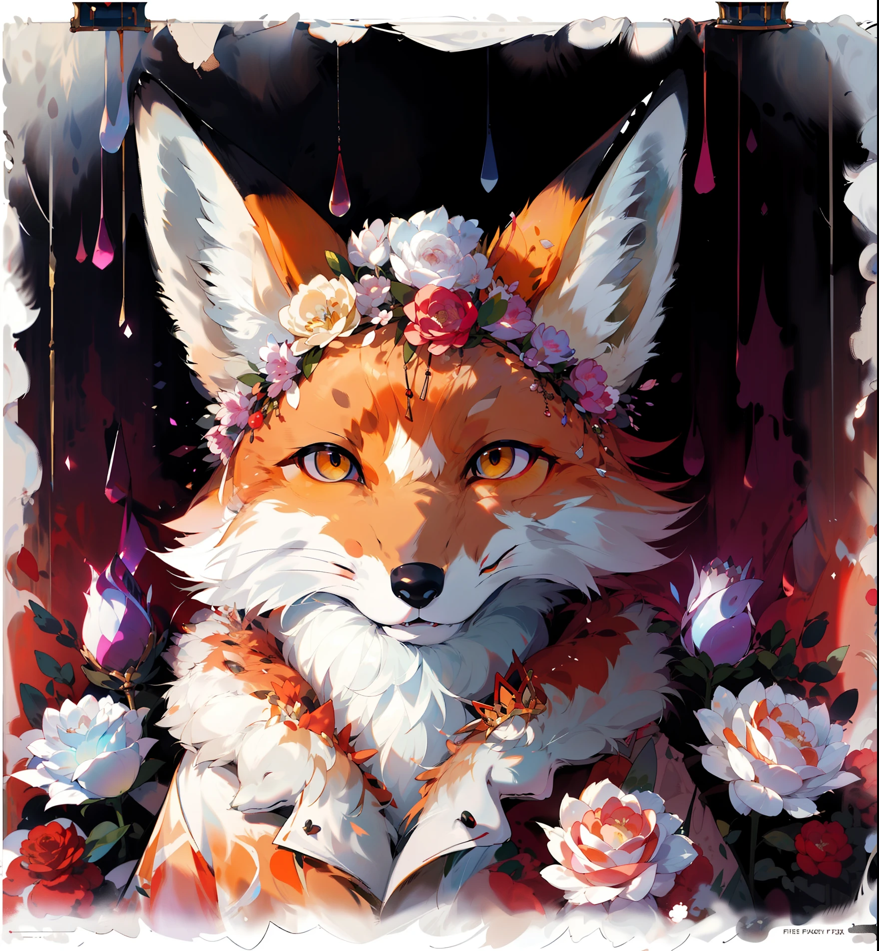 painting of a fox with a flower crown on its head, a beautiful fox lady ...