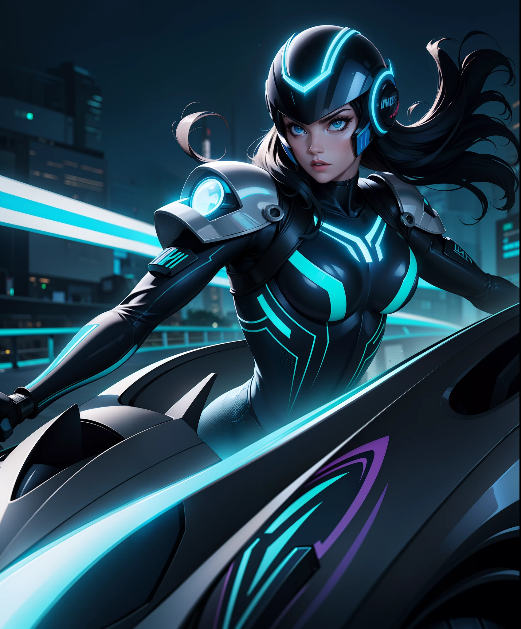 A woman in a futuristic suit riding a motorcycle in a city - SeaArt AI