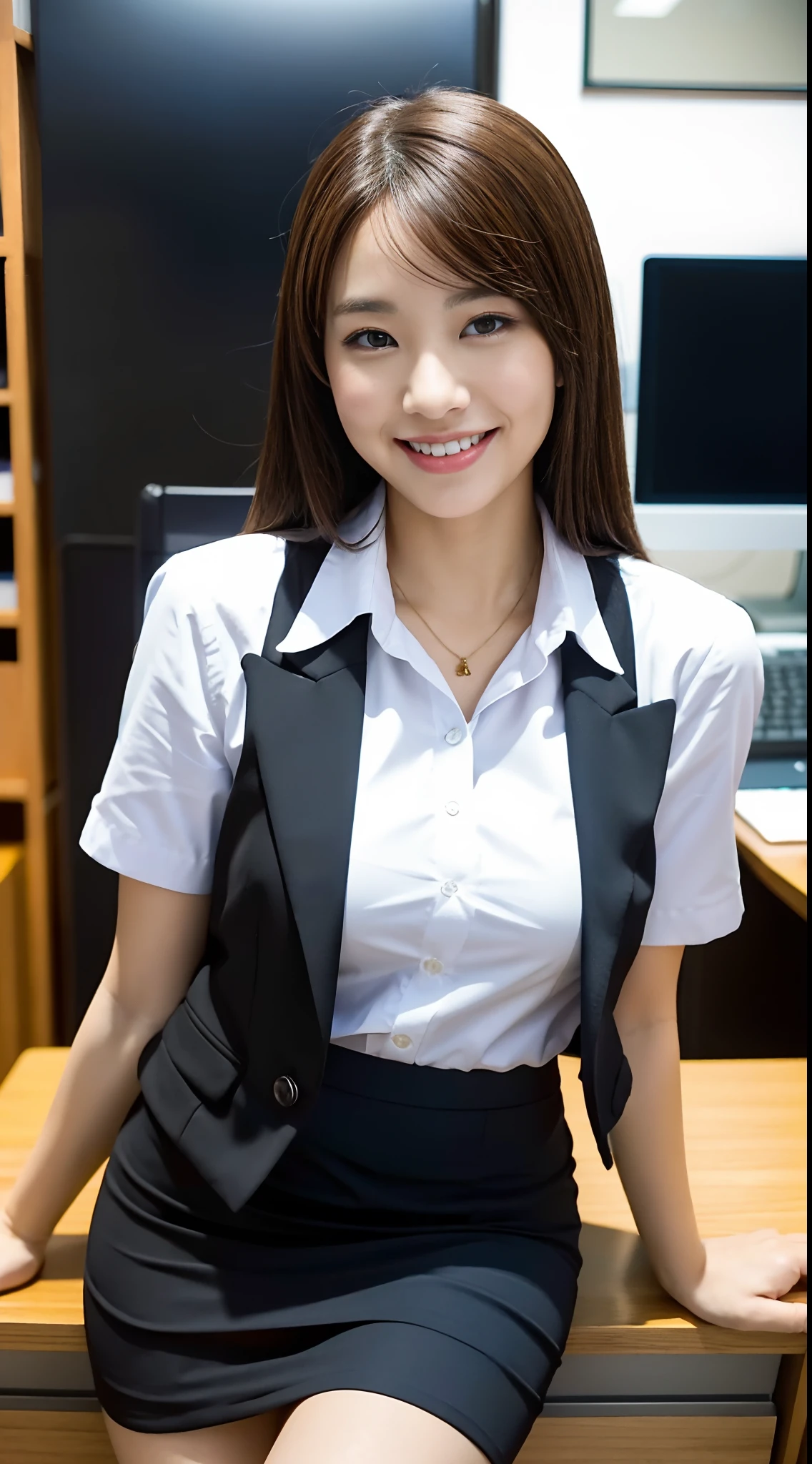 Arafed asian woman in a short skirt and white shirt sitting on a desk - SeaArt AI