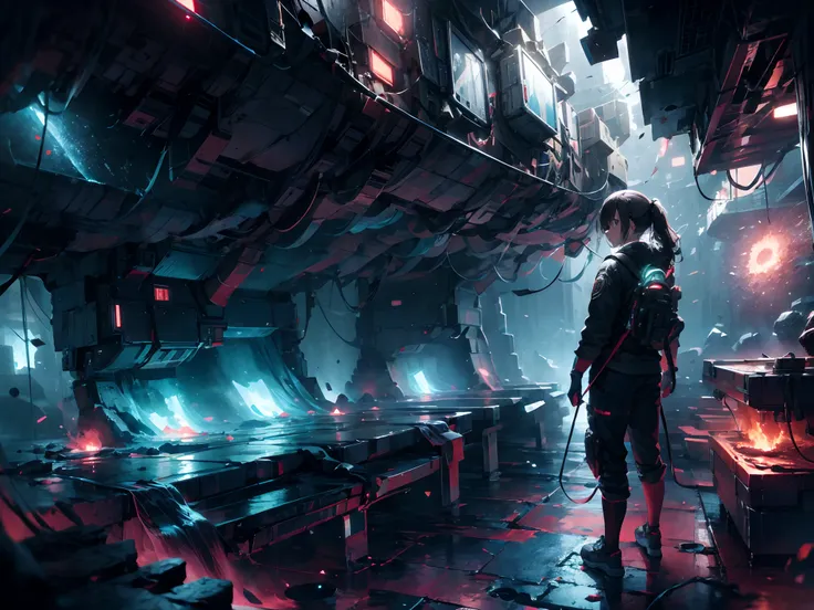 Draw a young female programmer, standing on a research platform floating in the middle of an ...