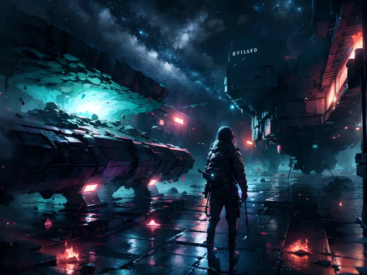 Draw a young female programmer, standing on a research platform floating in the middle of an ...