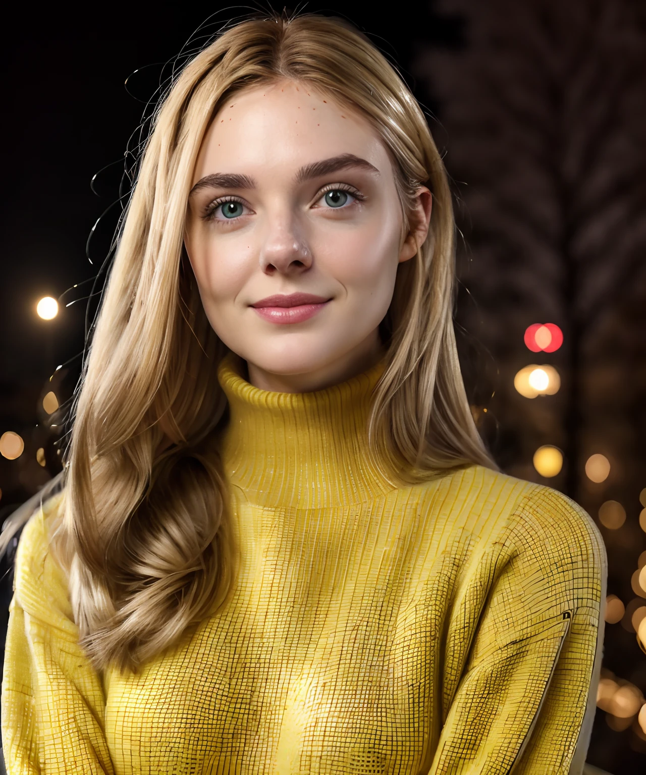 A close up of a woman in a yellow sweater posing for a picture - SeaArt AI
