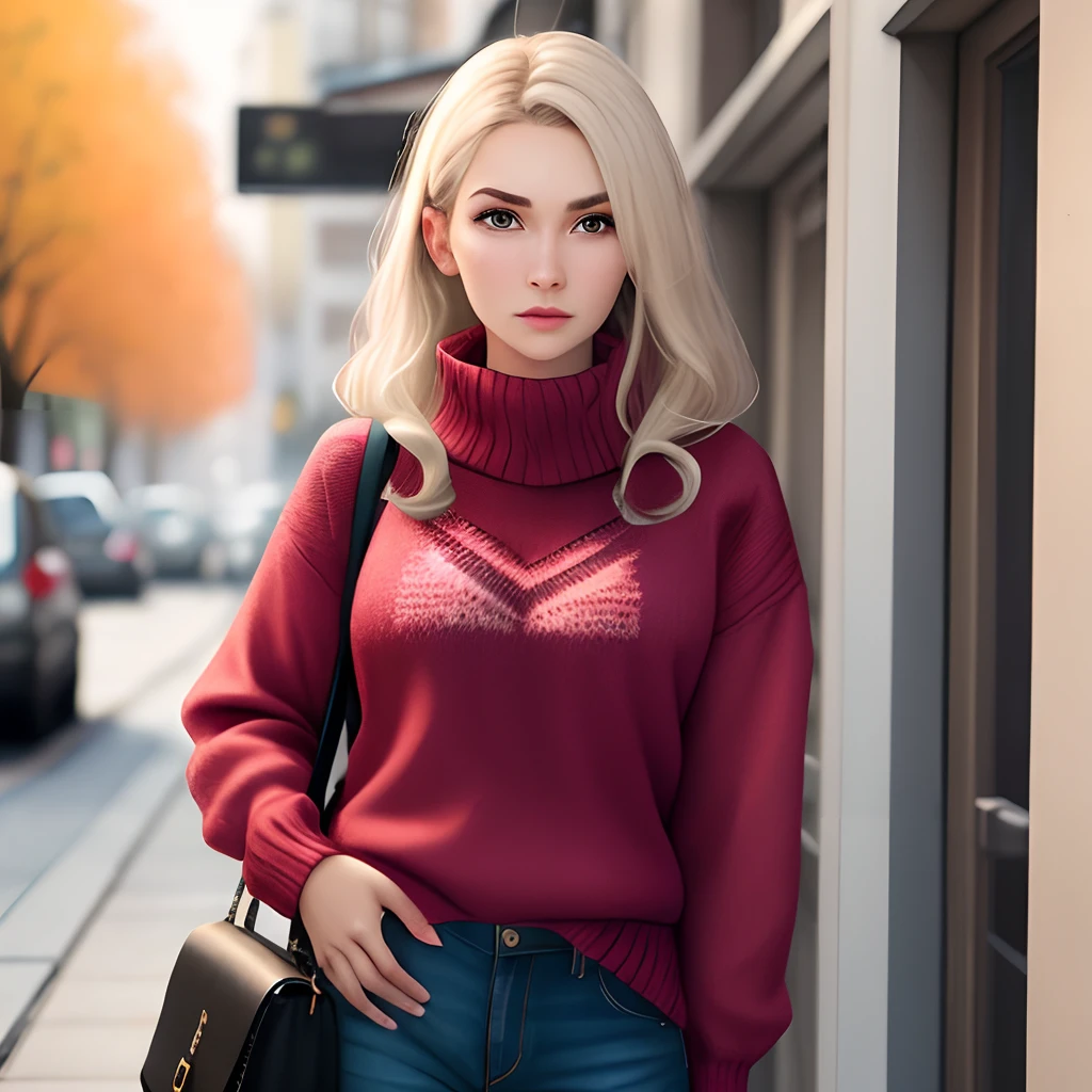 Araffe woman in a red sweater and jeans standing on a sidewalk - SeaArt AI