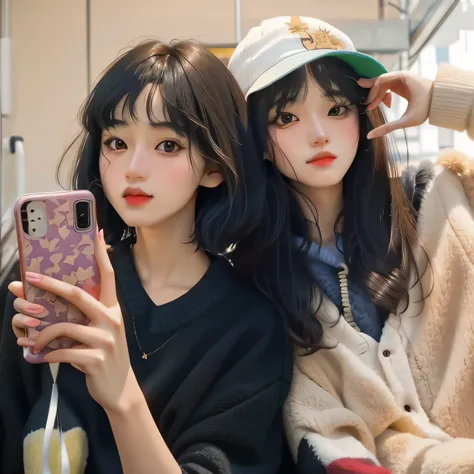 Two Asian women take selfies with their phones, ulzzangs, sakimichan, personal profile picture ...