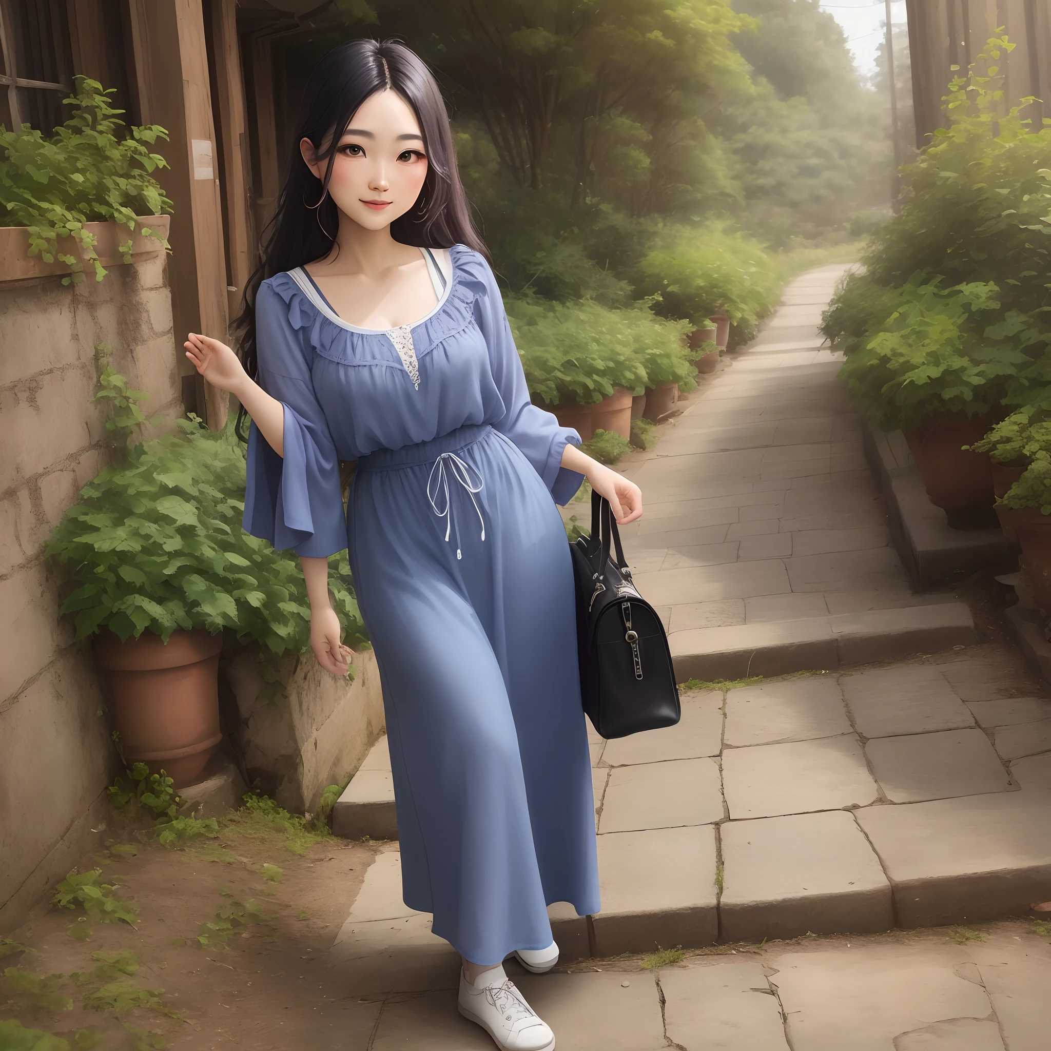 A woman in a blue dress is walking down a sidewalk - SeaArt AI