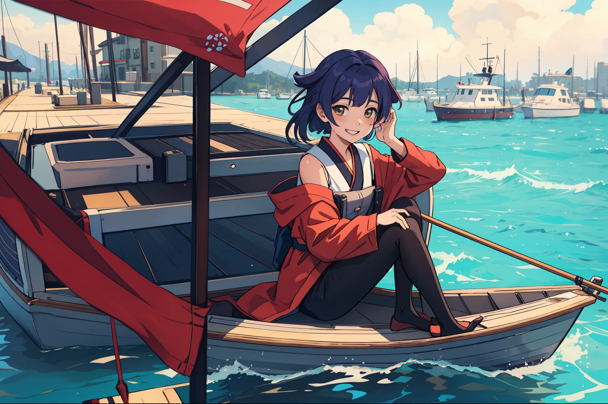 Yatori（The heroine of Galgame）Sitting on the boat laughing - SeaArt AI