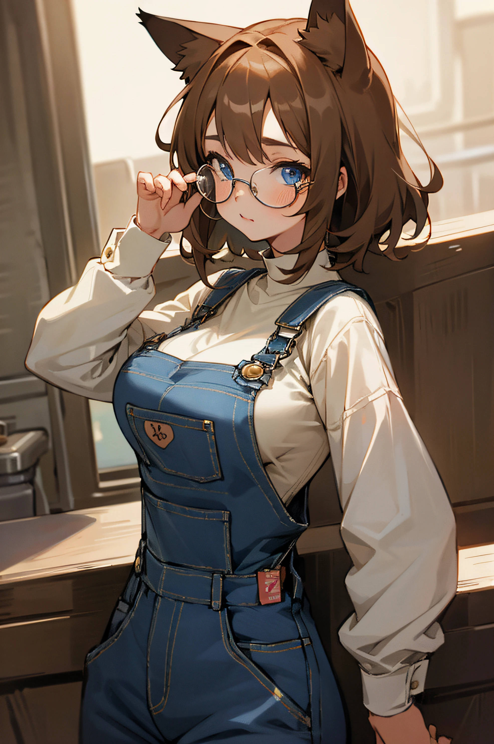 1girl Short Light Brown Hair Cat Ears Blue Eyes Shirt And Denim